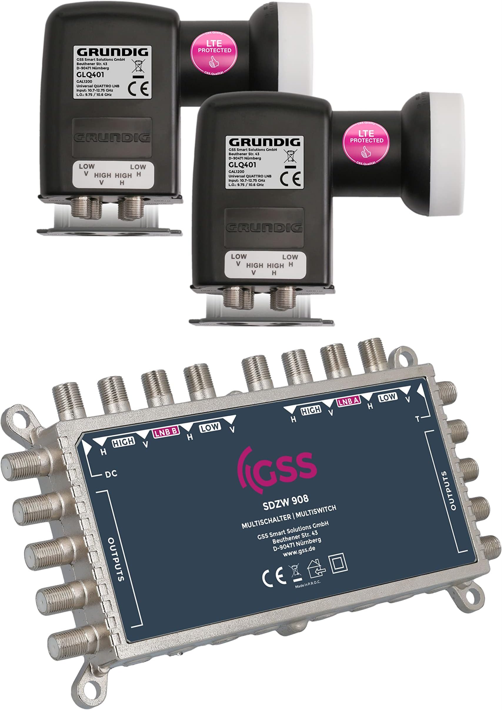 GSS Set of 9/8 Multiswitch + 2 Grundig Quattro LNB - 8 Subscribers 2 ...