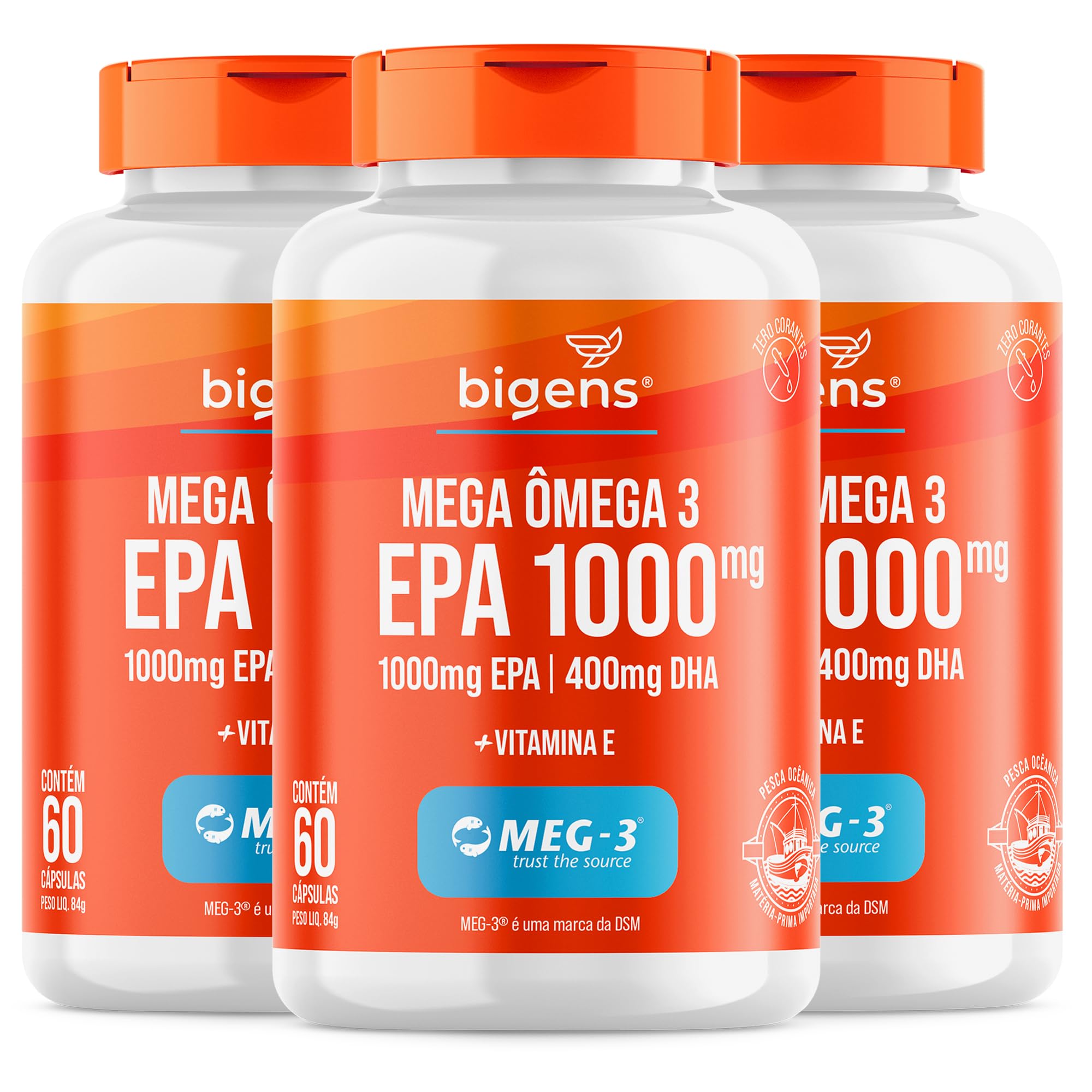 Mega Omega 3, EPA 1000mg - DHA 400mg, com vitamina E, Certificado Meg-3 ...