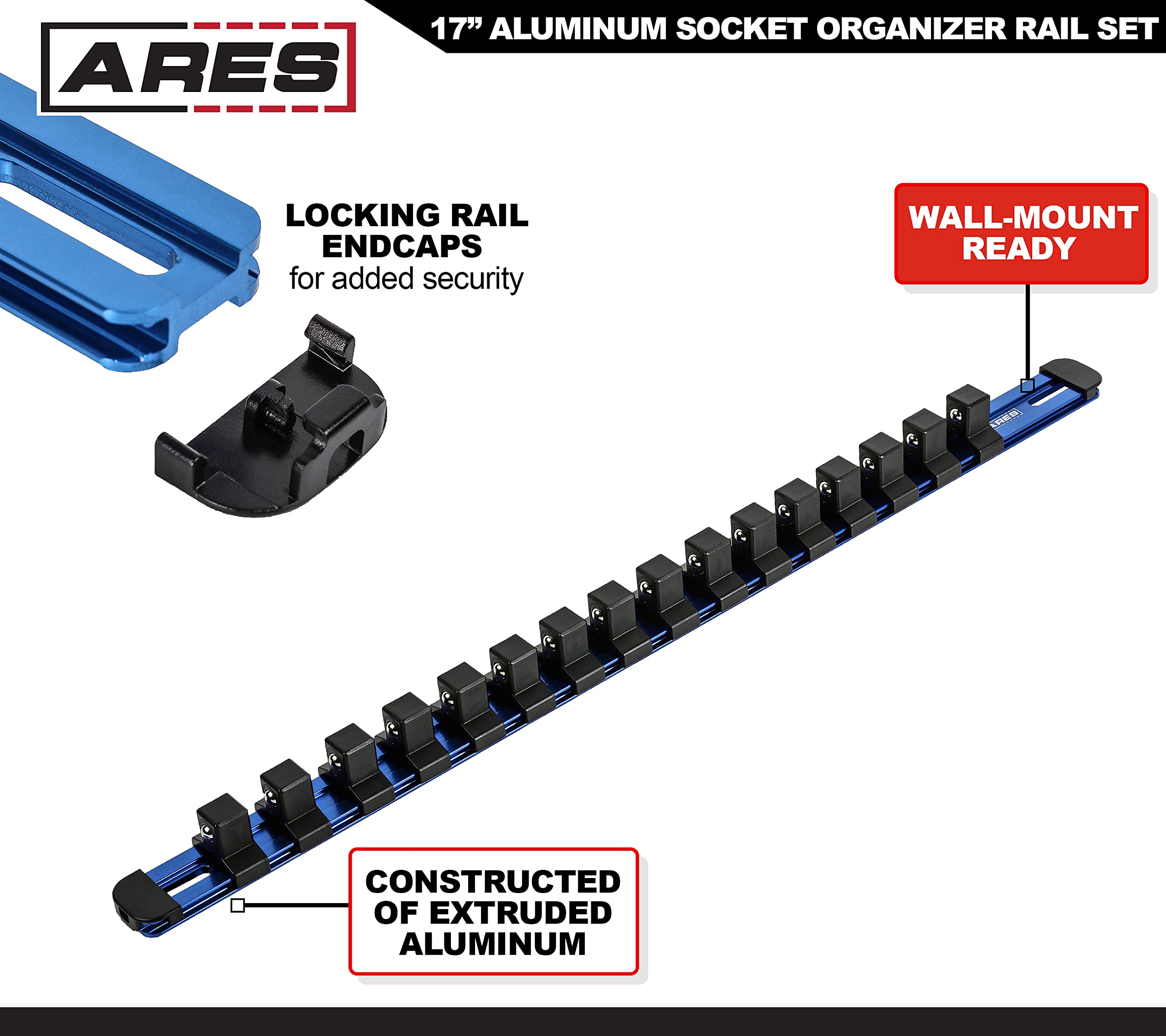Snapklik.com : ARES 60125-3-Piece Blue 17-Inch Aluminum Socket Rail Set