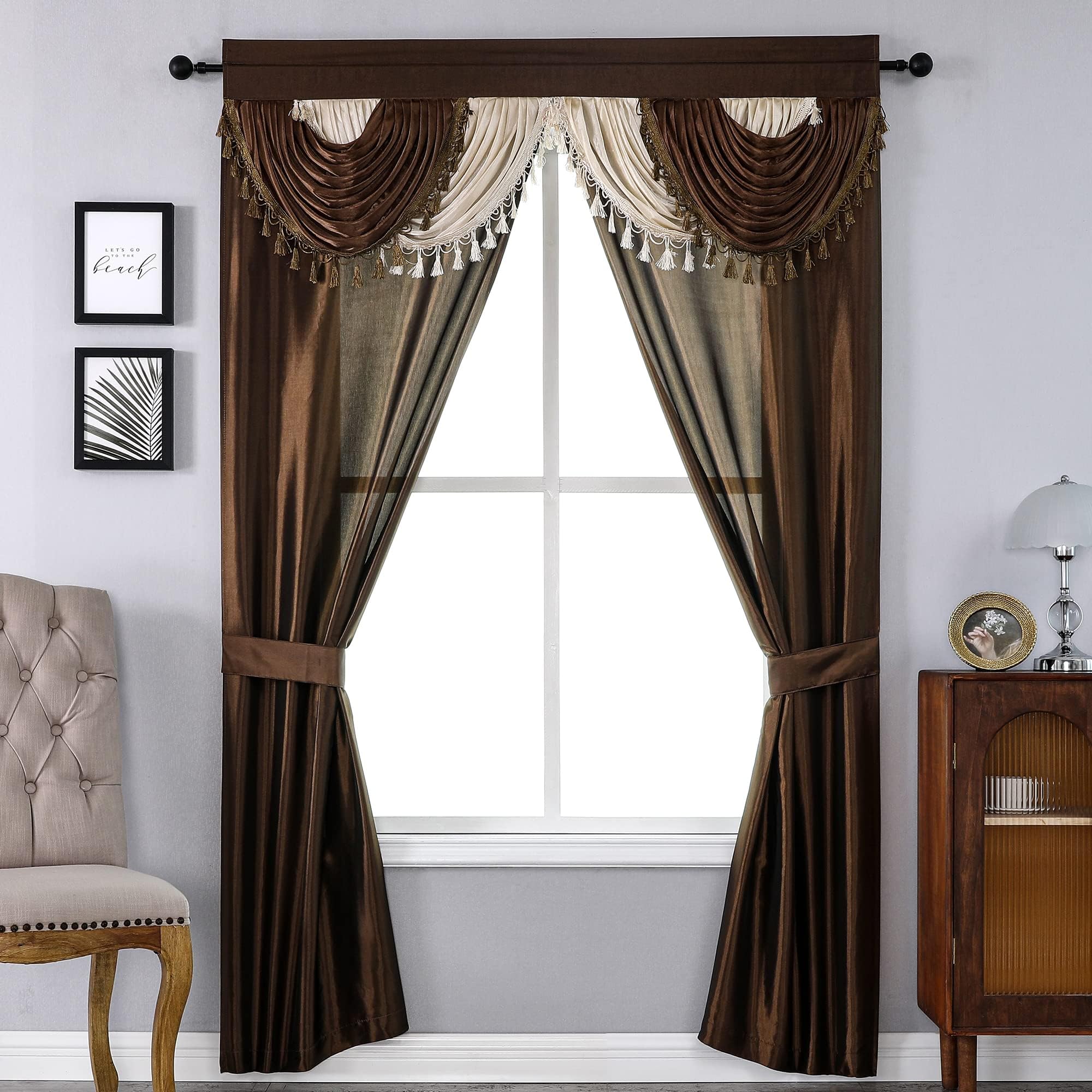 Amazon.com: 4 Piece Burgundy Black / Grey / White Emma Curtain set with ...