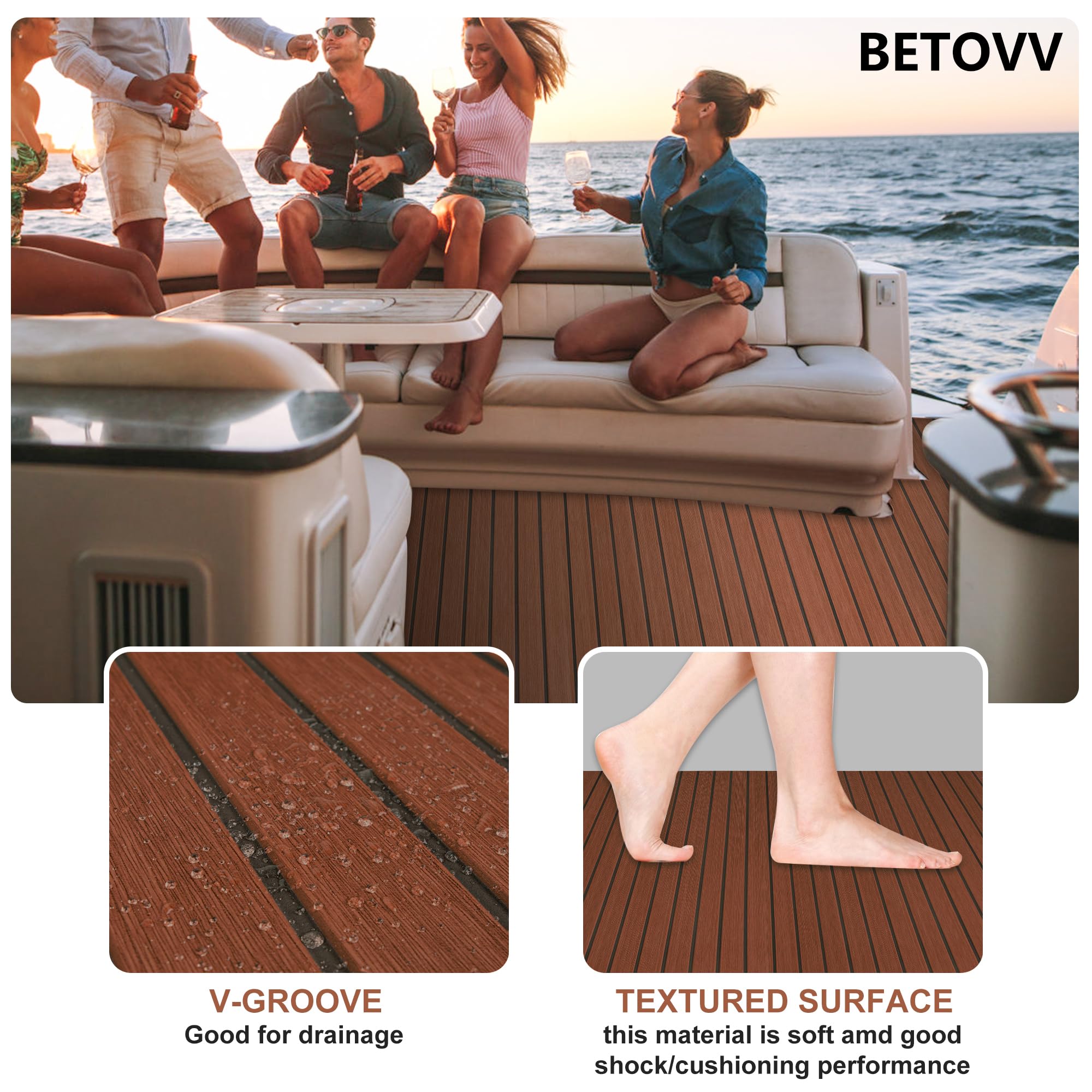 BETOVV 3M Self-Adhesive EVA Foam Boat Flooring 96''x26 36 48''Faux Teak ...