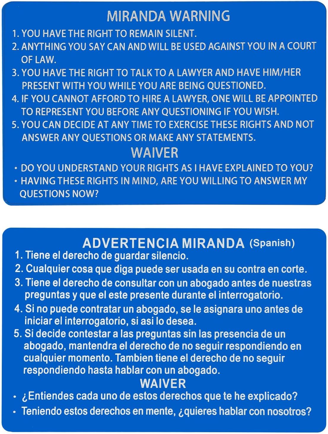 Amazon.com: 10PCS Spanish and English Miranda Warning Card for Law ...