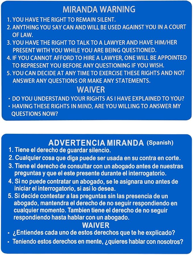 Amazon.com: 10PCS Spanish and English Miranda Warning Card for Law ...