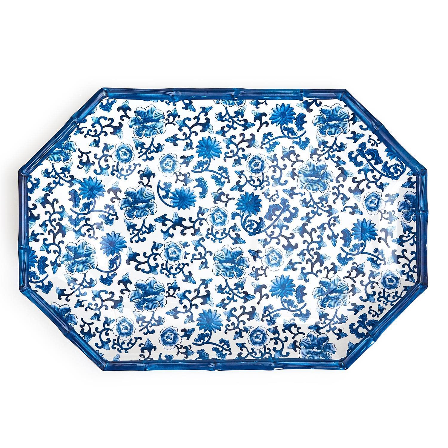 Amazon.com: Two's Company Blue Floral Pattern Octagonal Serving Tray ...