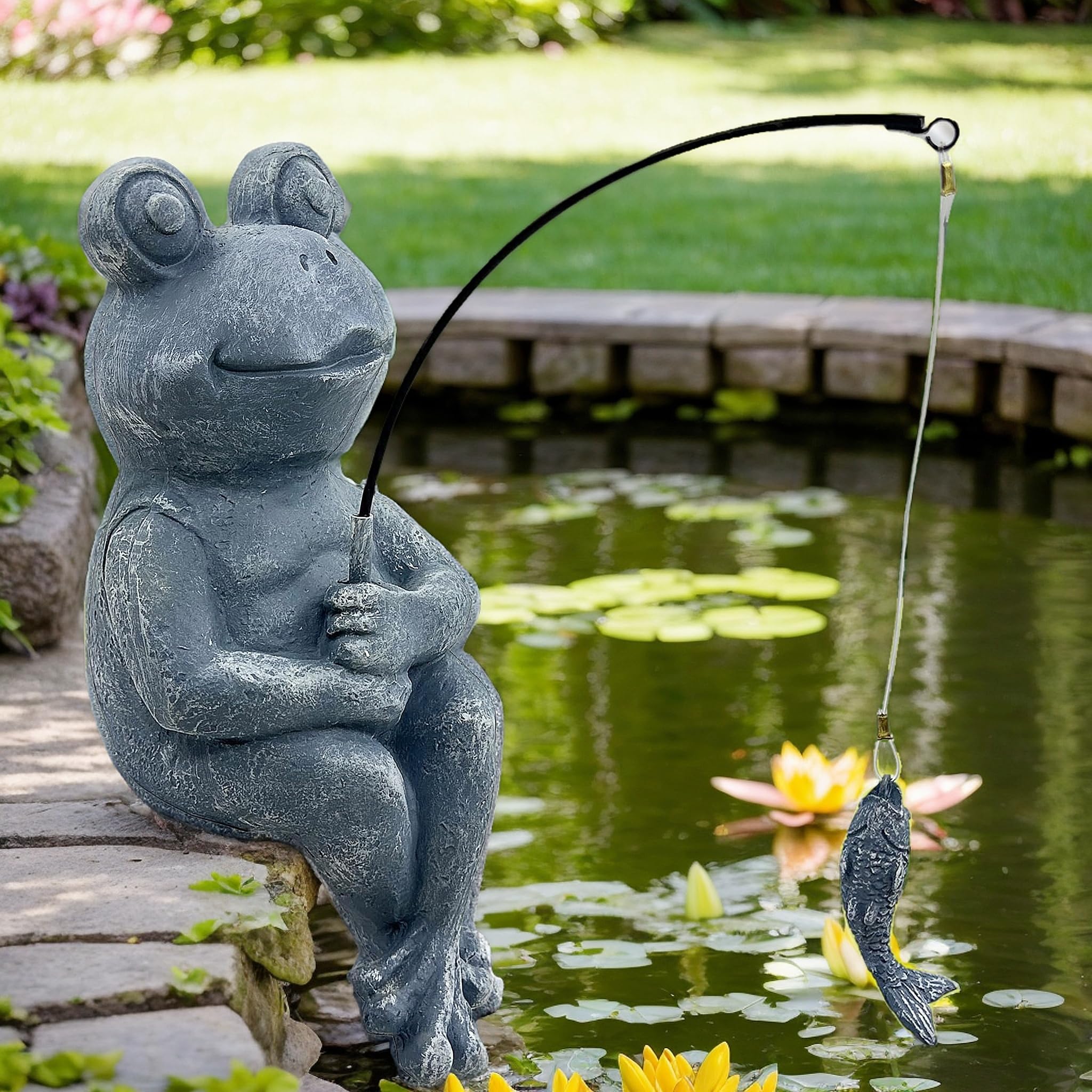 Snapklik.com : 9.5" Frog Fishing Garden Sculptures & Statues, Stone ...