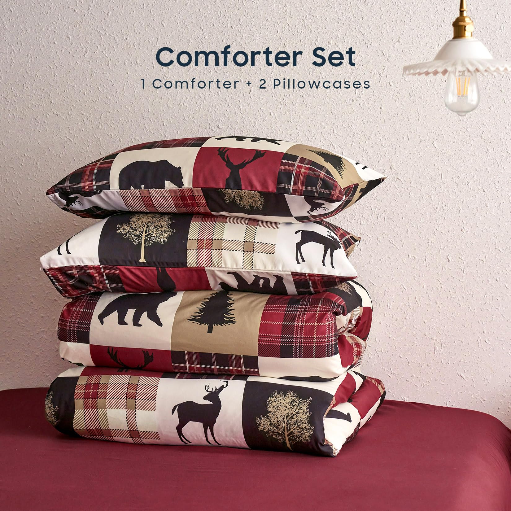 Wake In Cloud - Rustic Patchwork Comforter Set, Christmas Lodge Red and ...
