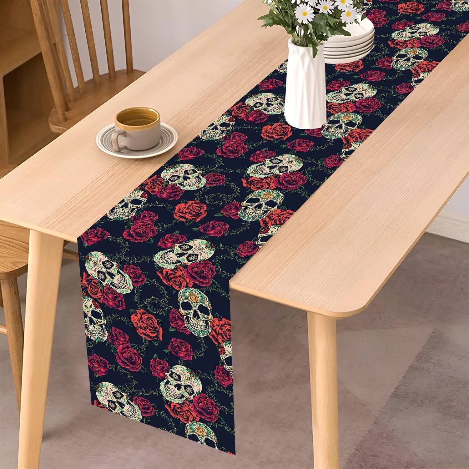 Amazon.com: Halloween Skull Table Runner Skull Rose Flowers Skull ...