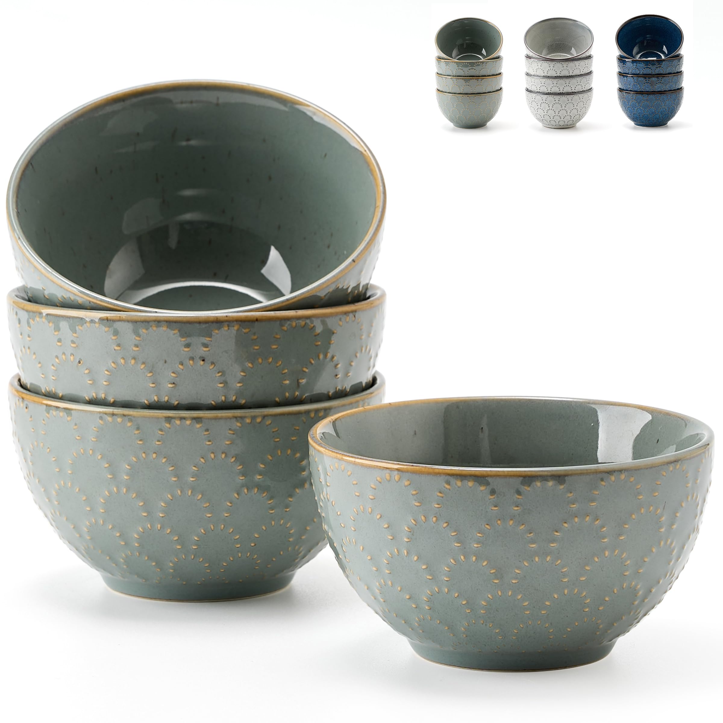 Jemirry Ceramic Bowls Set of 4, 4.5" Embossment Design Porcelain Soup ...