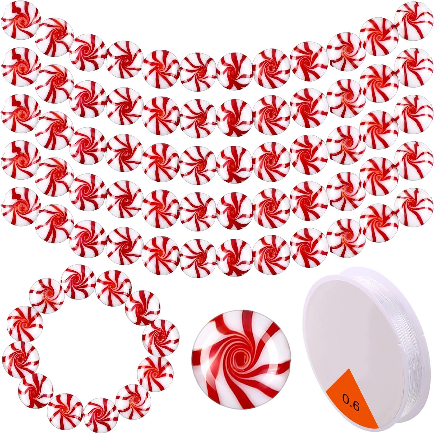 Amazon.com: 60 Pcs Christmas Glass Peppermint Candy Beads Christmas ...