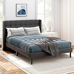 Amazon.com: Sismplly Queen Size Bed Frame with Button Tufted Wingback ...