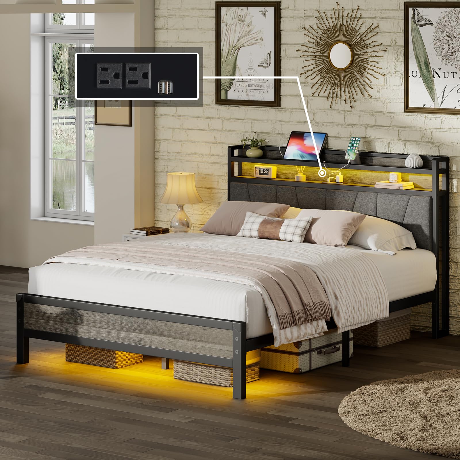 Amazon.com: LUXOAK Full Size Bed Frame with RGBW LED Lights & Charging ...