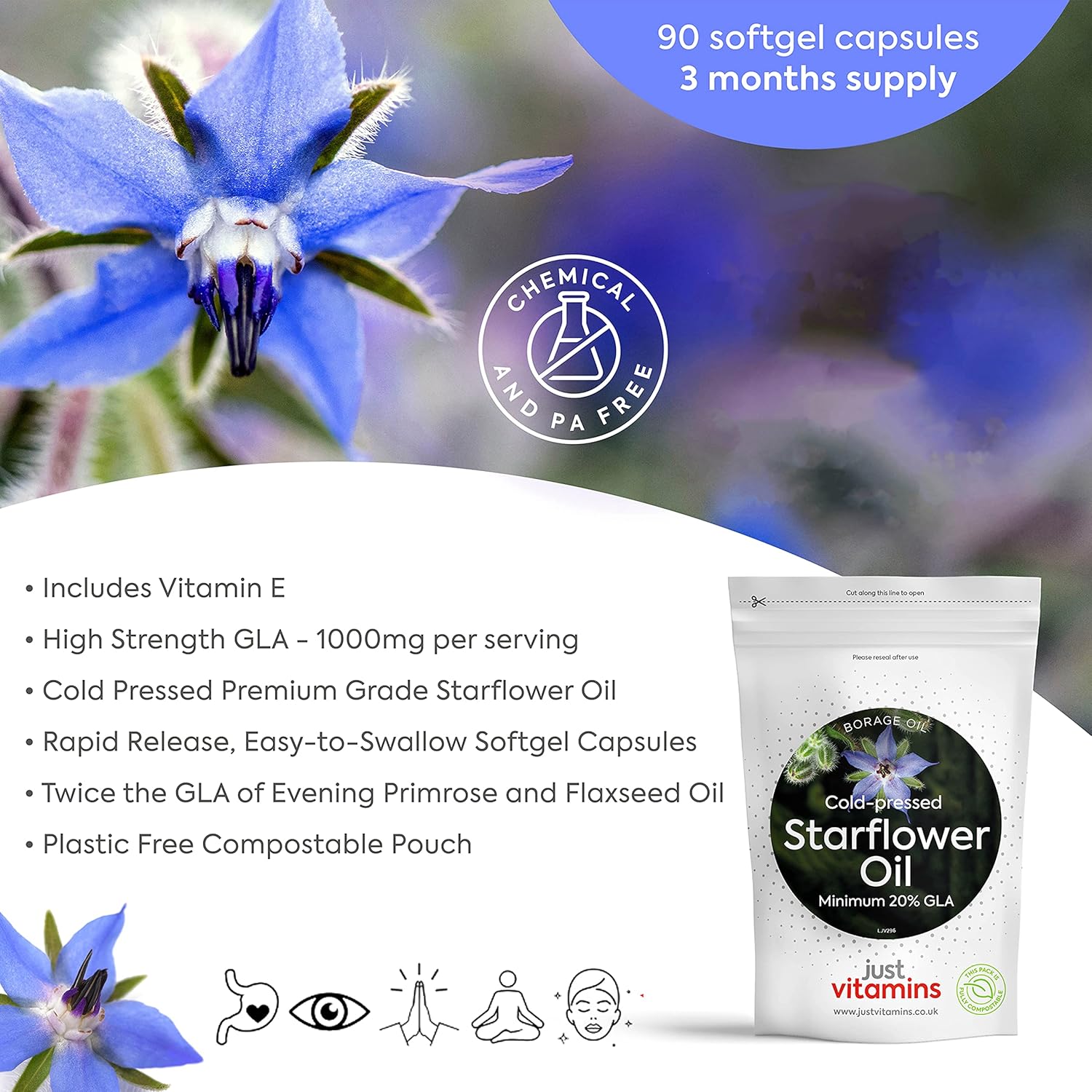 Starflower Oil Capsules 1000mg/Borage Oil x90 Soft Gels, Cold Pressed ...