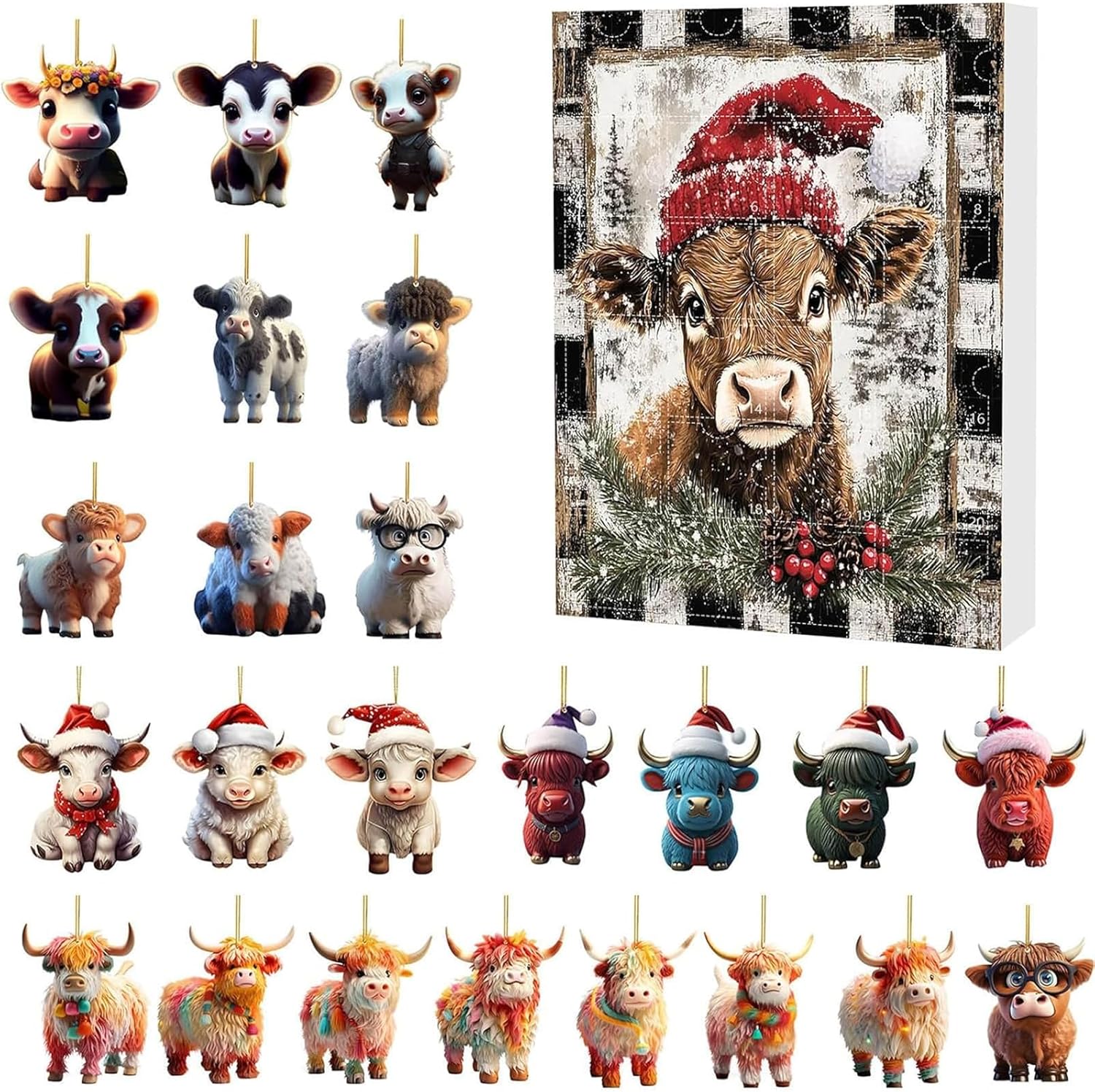 Amazon.com: Advent Countdown Calendar Highland Cow - 24 Days Pendant ...