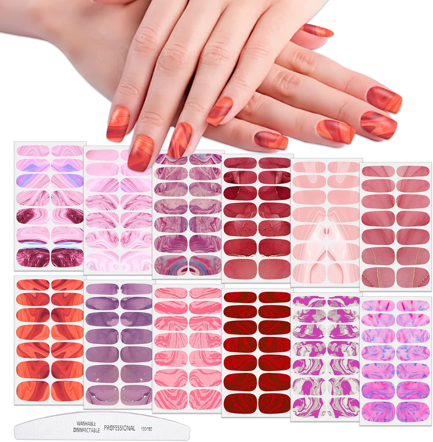 Amazon.com: WOKOTO 12 Sheets Red Pink Nail Polish Stickers Full Nail ...