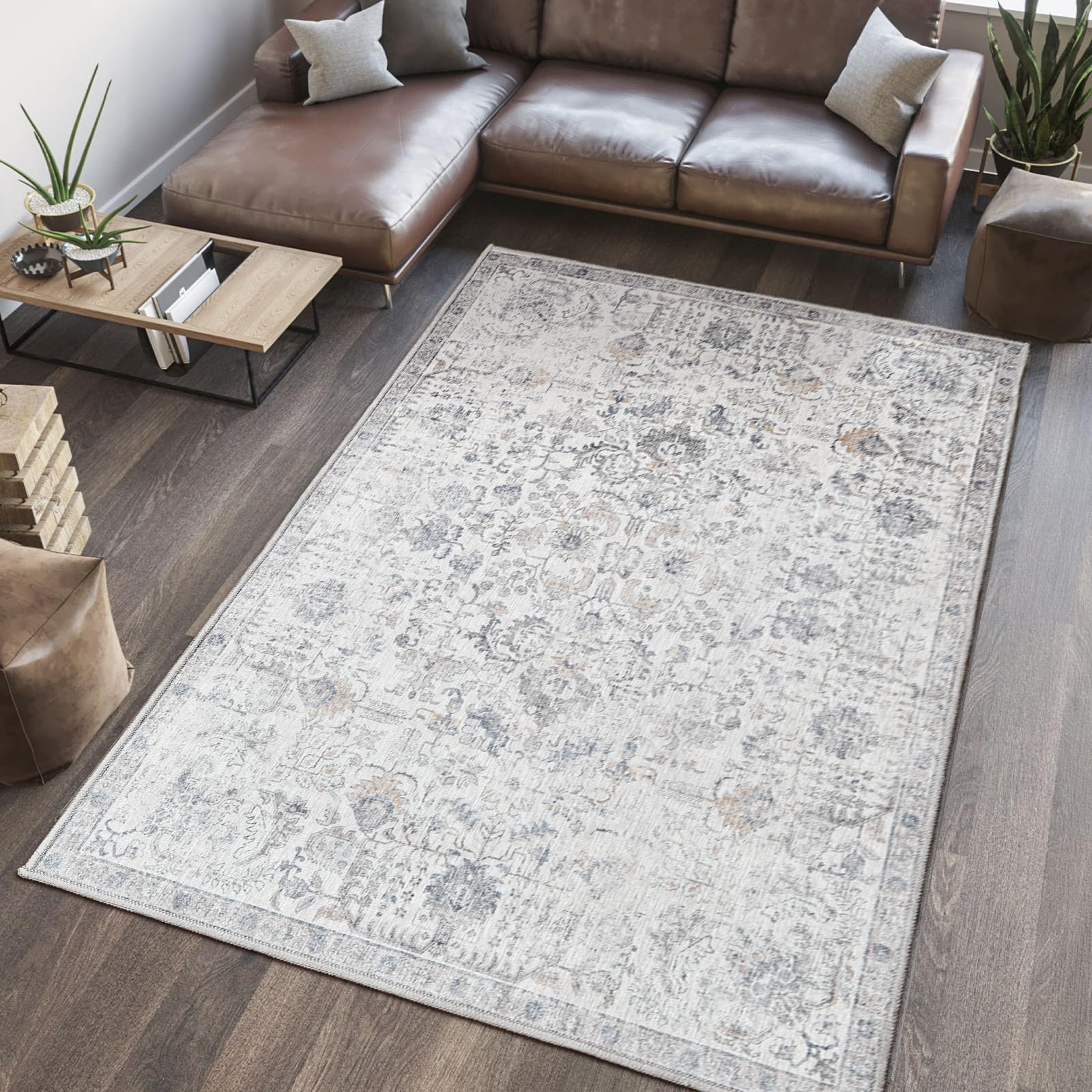 Amazon.com: COLLACT Vintage Distressed Grey Floral Area Rug, 6'x9', Low ...