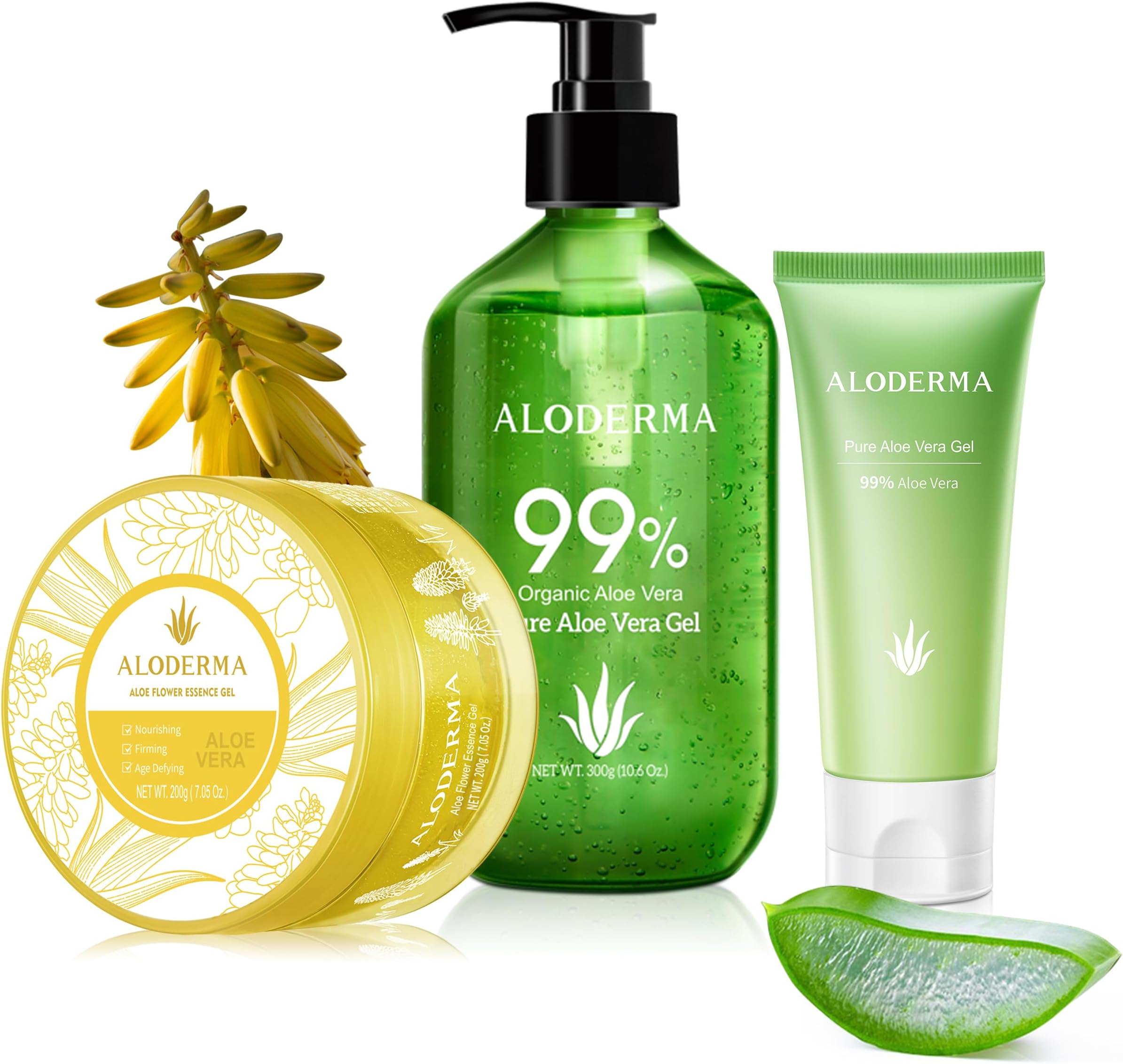 Amazon.com : Aloderma Aloe Vera Gel Set 3 Pack - Aloe Flower Essence ...