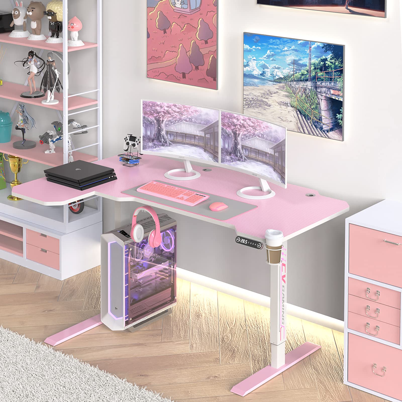 Charavector Pink Ergonomic Gaming Electric Standing Desk 63 Electric ...