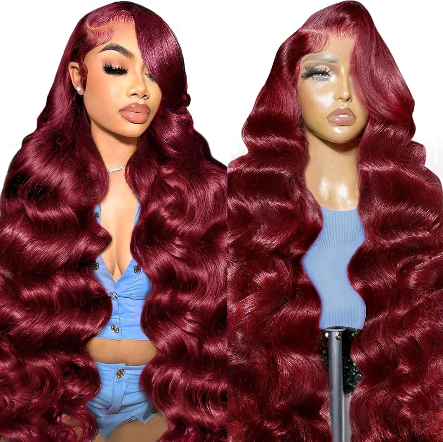 99J Burgundy Colored Body Wave Full 13x6 Lace Front Wigs Human Hair Pre ...