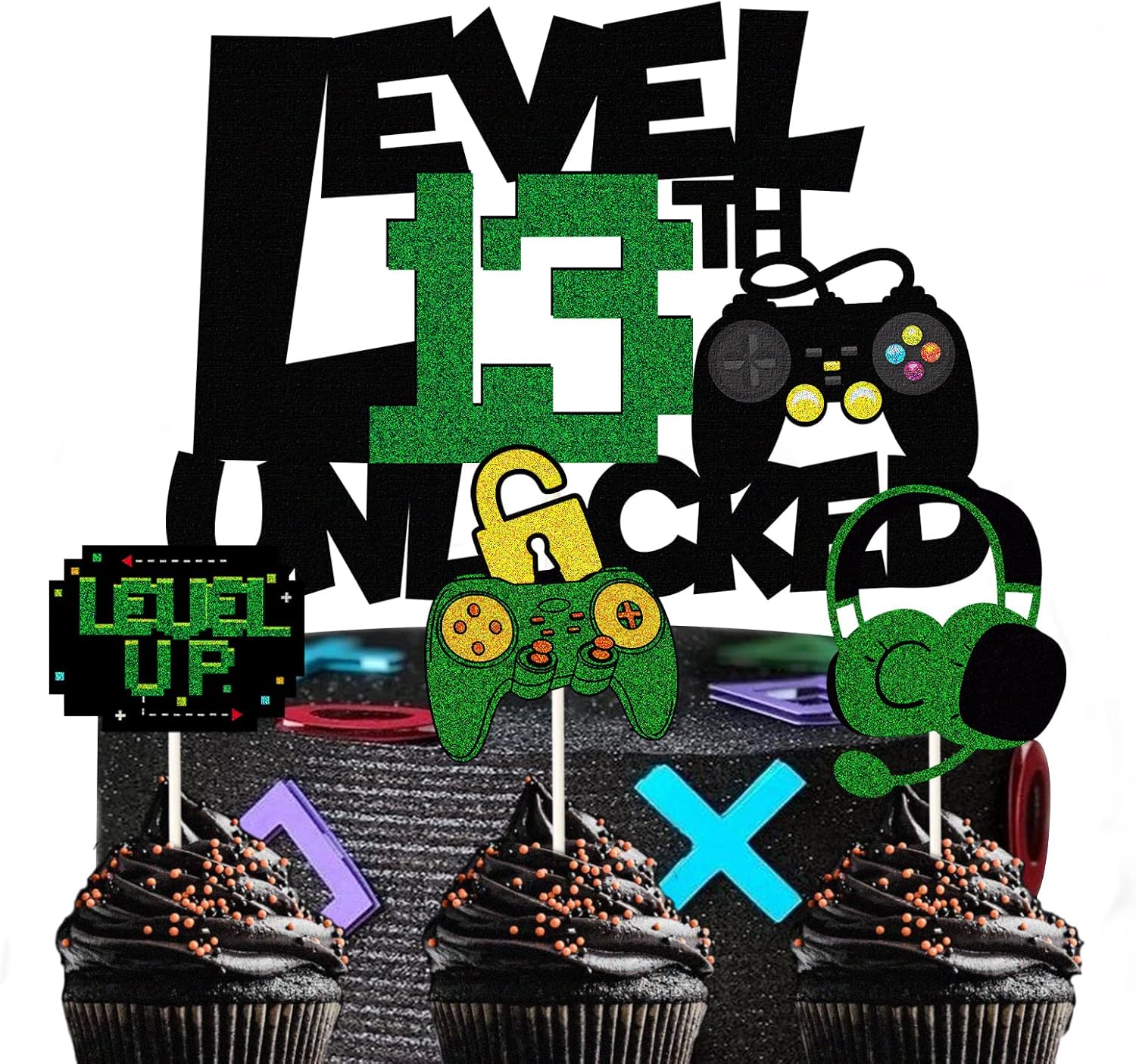 Amazon.com: 4PCS Glitter Level 13th Unlocked Game Birthday Cake Toppers ...