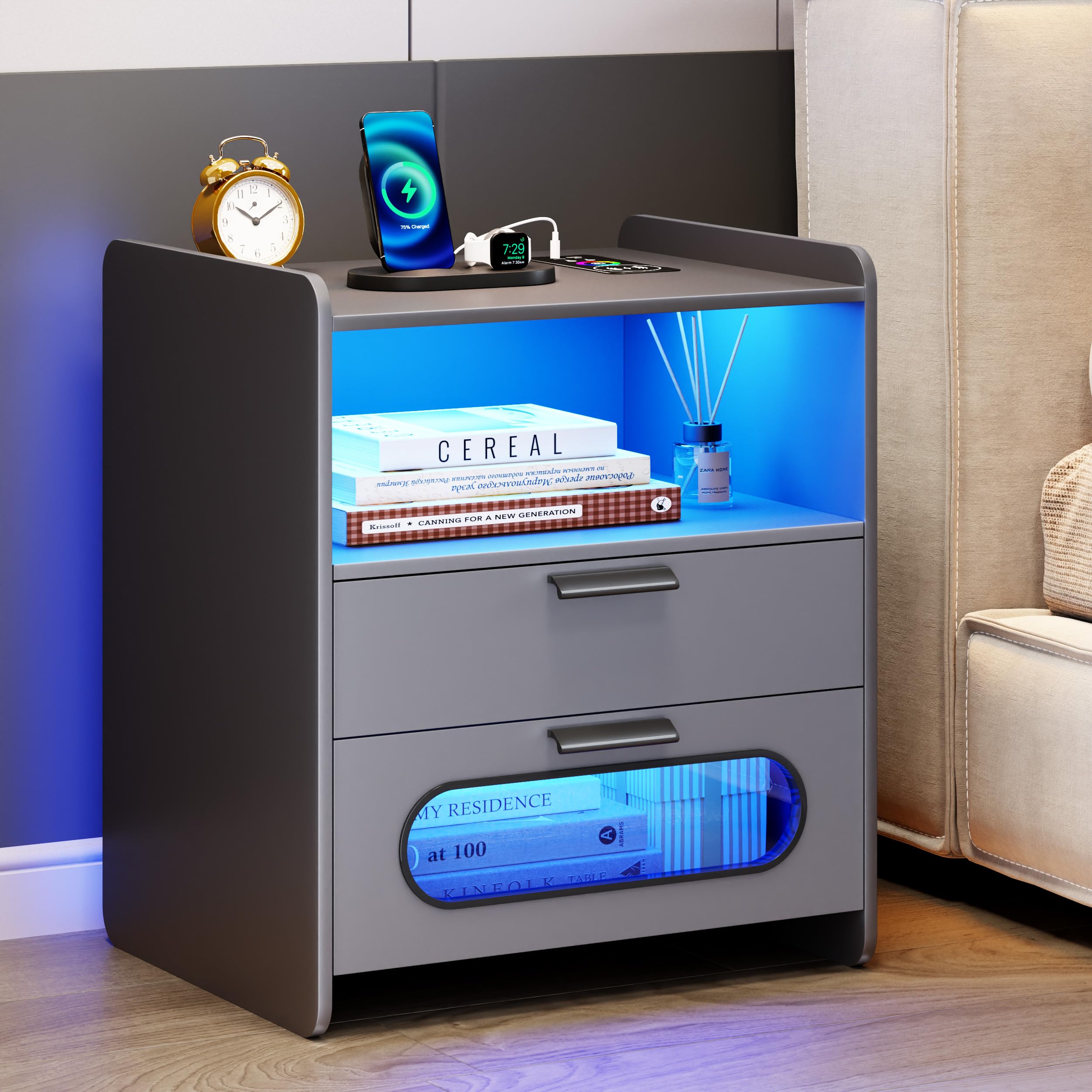 Amazon.com: End Table Nightstand with Charging Station: LED Night Stand ...