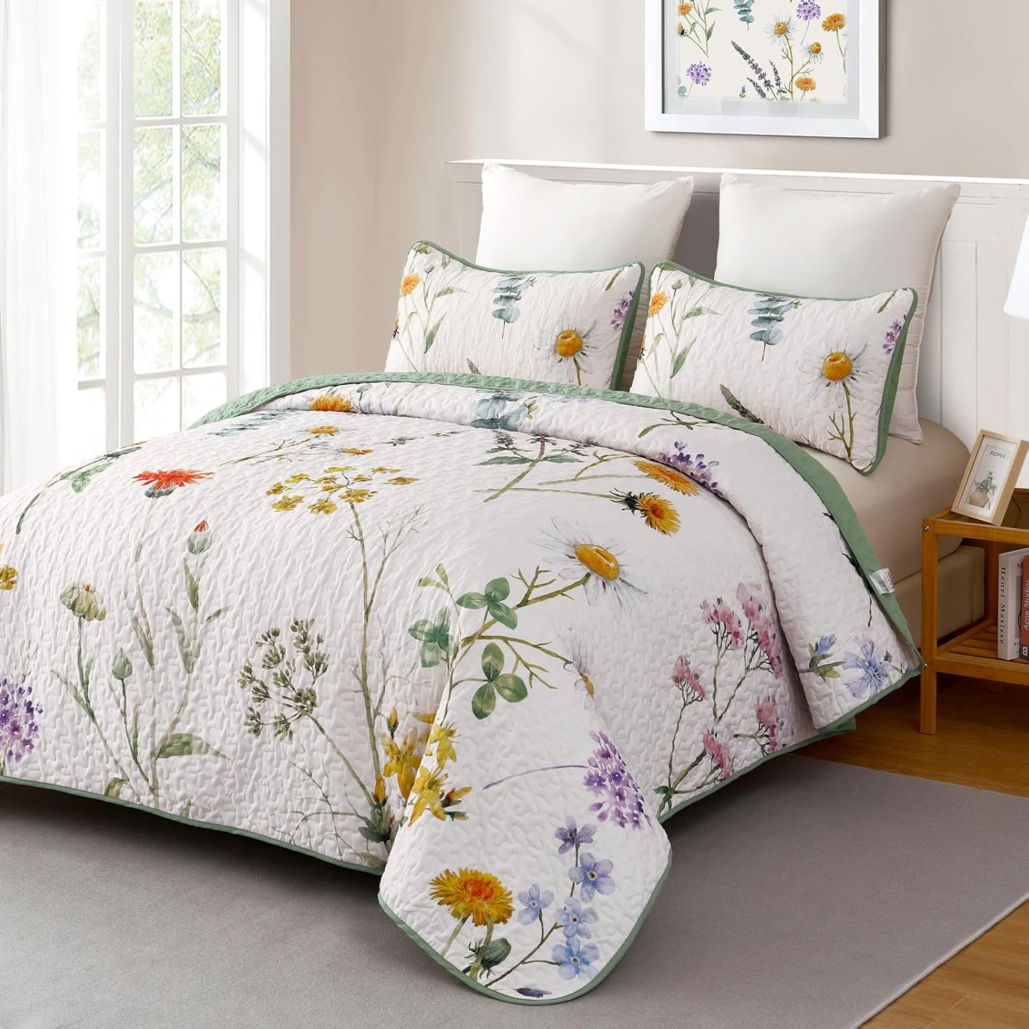 Dobuyly Floral Quilt Set King Size, Green Yellow Botanical Flower Quilt ...