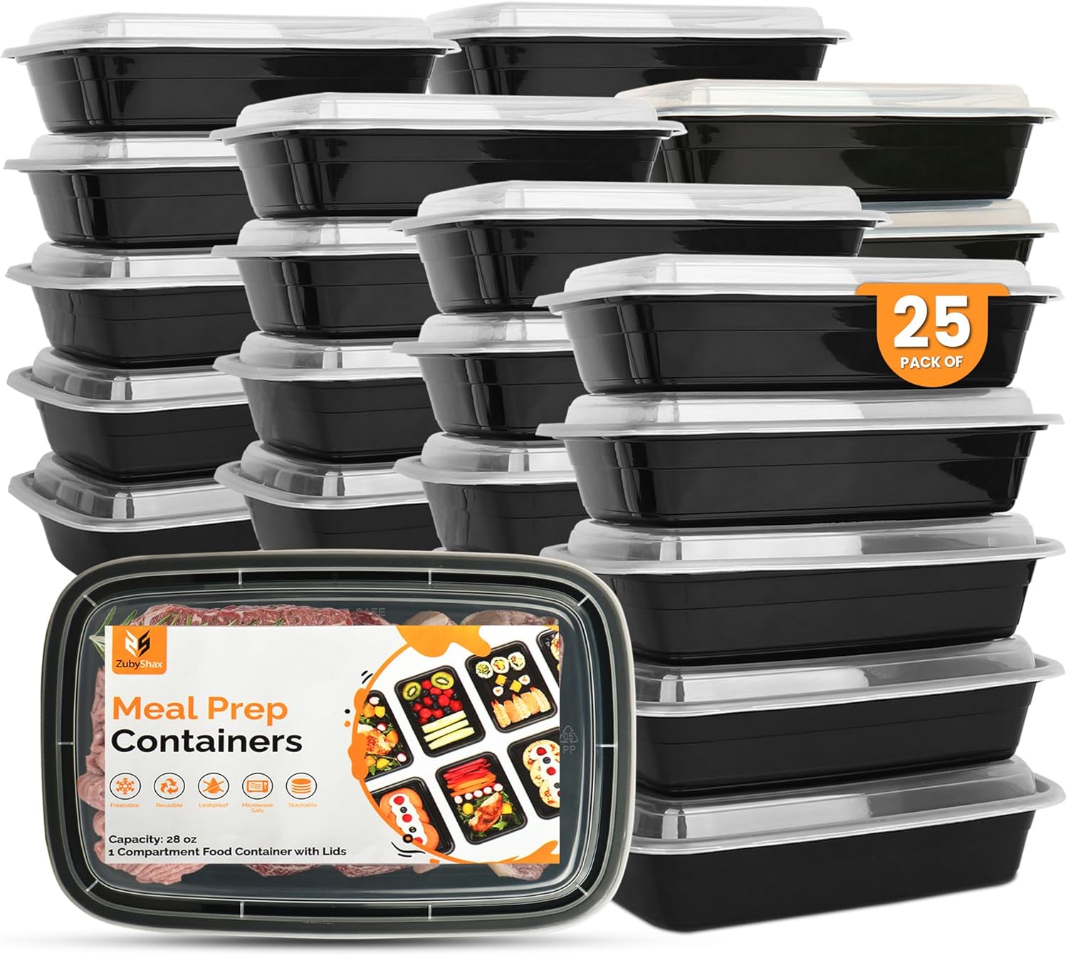 ZubyShax Meal Prep Containers Reusable, 25 Pack Single Compartment BPA ...