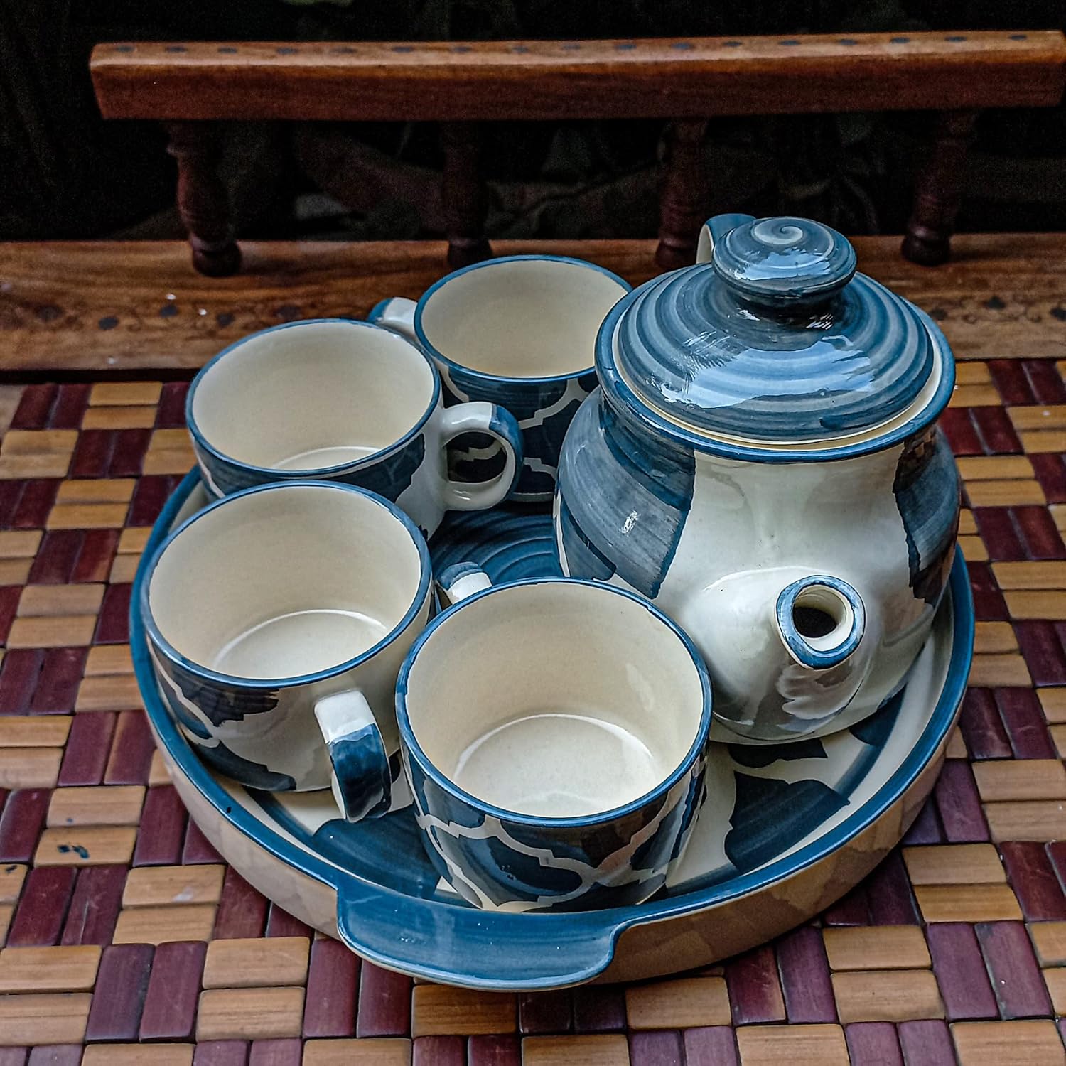 Buy India Meets India Gray Ceramic Kettle Set with Tray 4 Cups Tea Pot ...