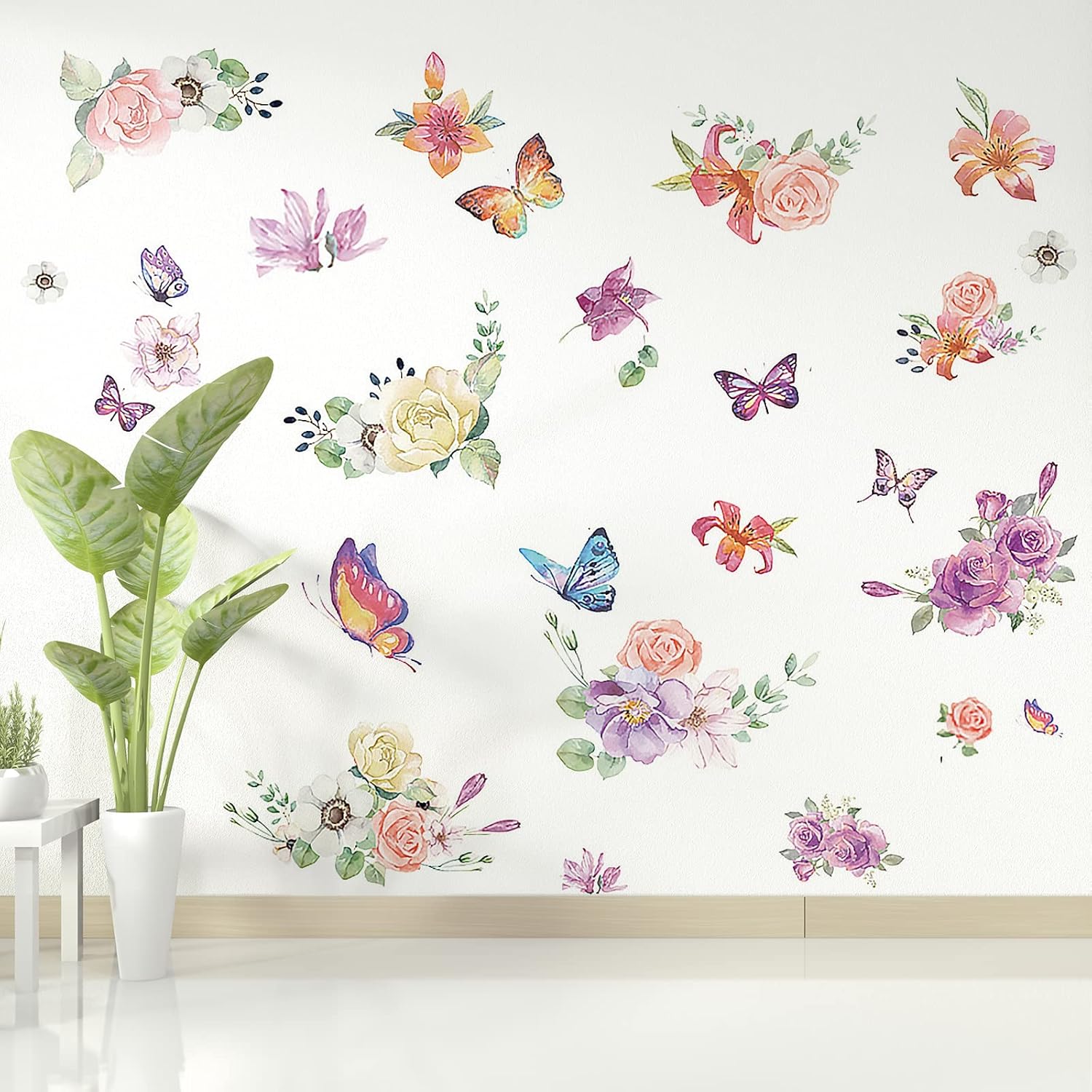 Amazon.com: Flower Butterfly Wall Decals Vinyl Flowers Wall Stickers ...