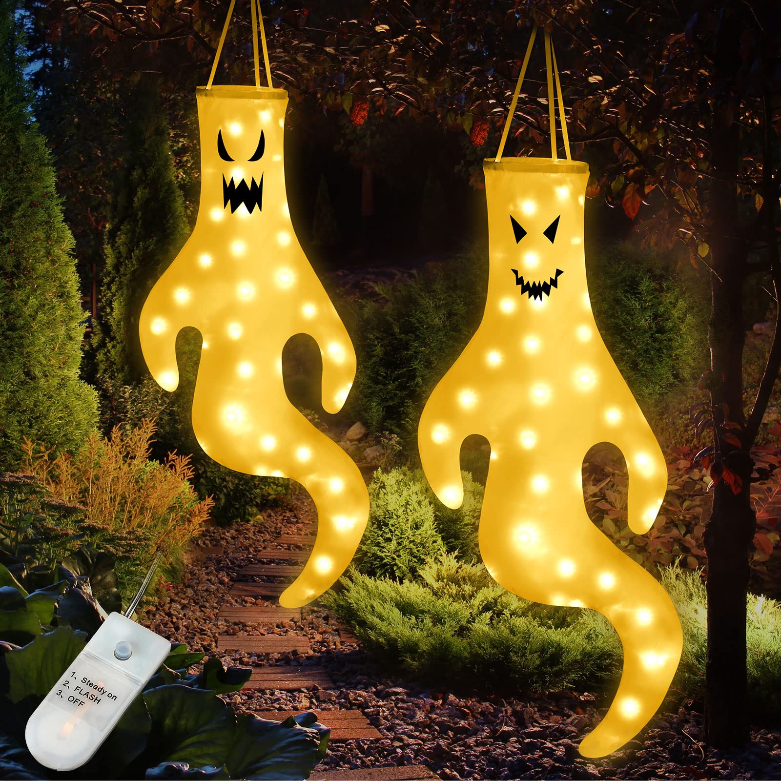 2 Pcs Halloween Ghost Windsocks with Timer, Battery Operated, Flag ...