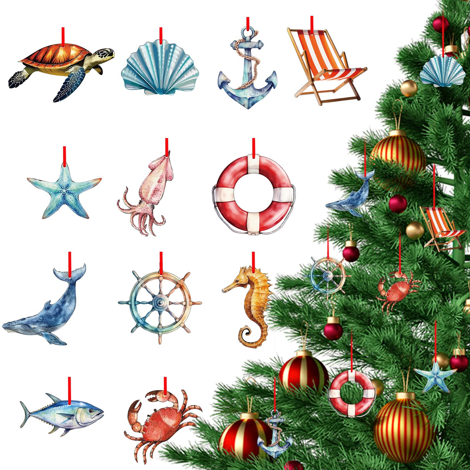 Amazon.com: FLYAB 12pcs Nautical Christmas Ornaments - Wooden Coastal ...