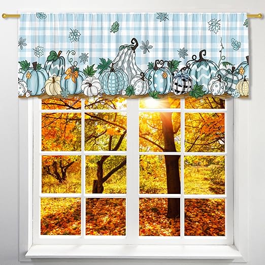 Amazon.com: Fall Kitchen Valances for Windows, Blue Pumpkin Buffalo ...