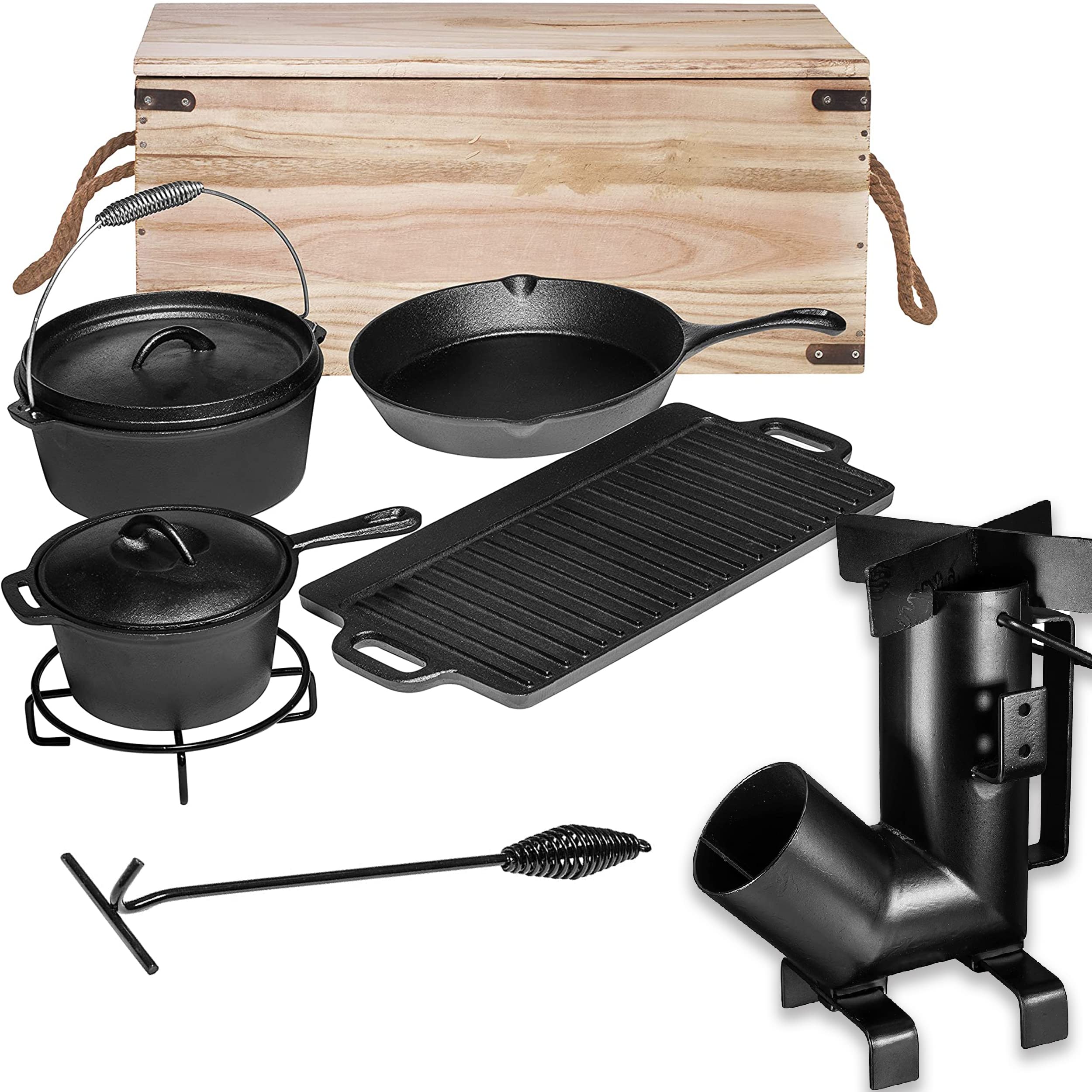 Bruntmor Pre-Seasoned 7 Piece Heavy Duty Cast Iron Dutch Oven Camping ...