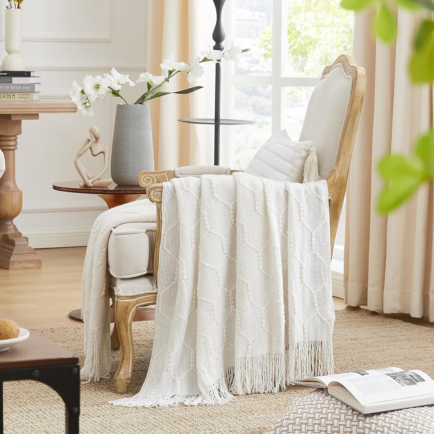 KASYLAN Diamond Knitted Throw Blanket Textured Solid Soft Sofa Throw ...