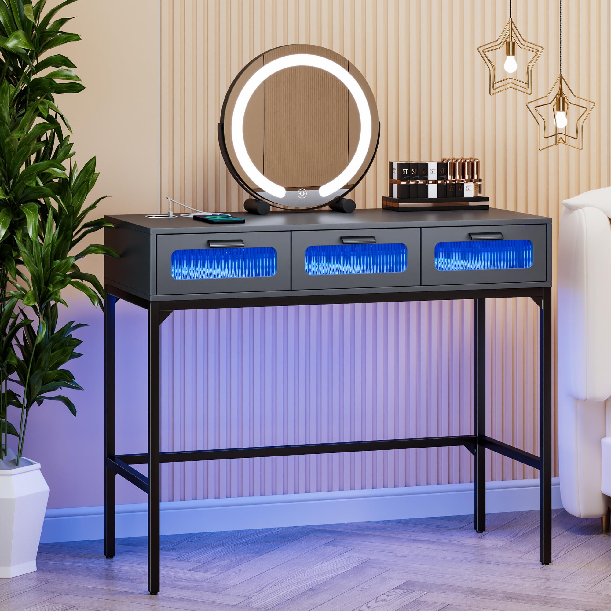 Gurexl Vanity Desk with Lights, Vanity Table Set with 3 Large Drawers ...