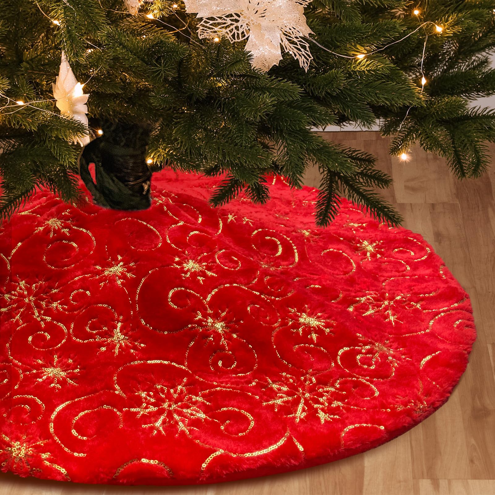 Amazon.com: Amidaky Christmas Tree Skirt Red 48 inch Gold Christmas ...