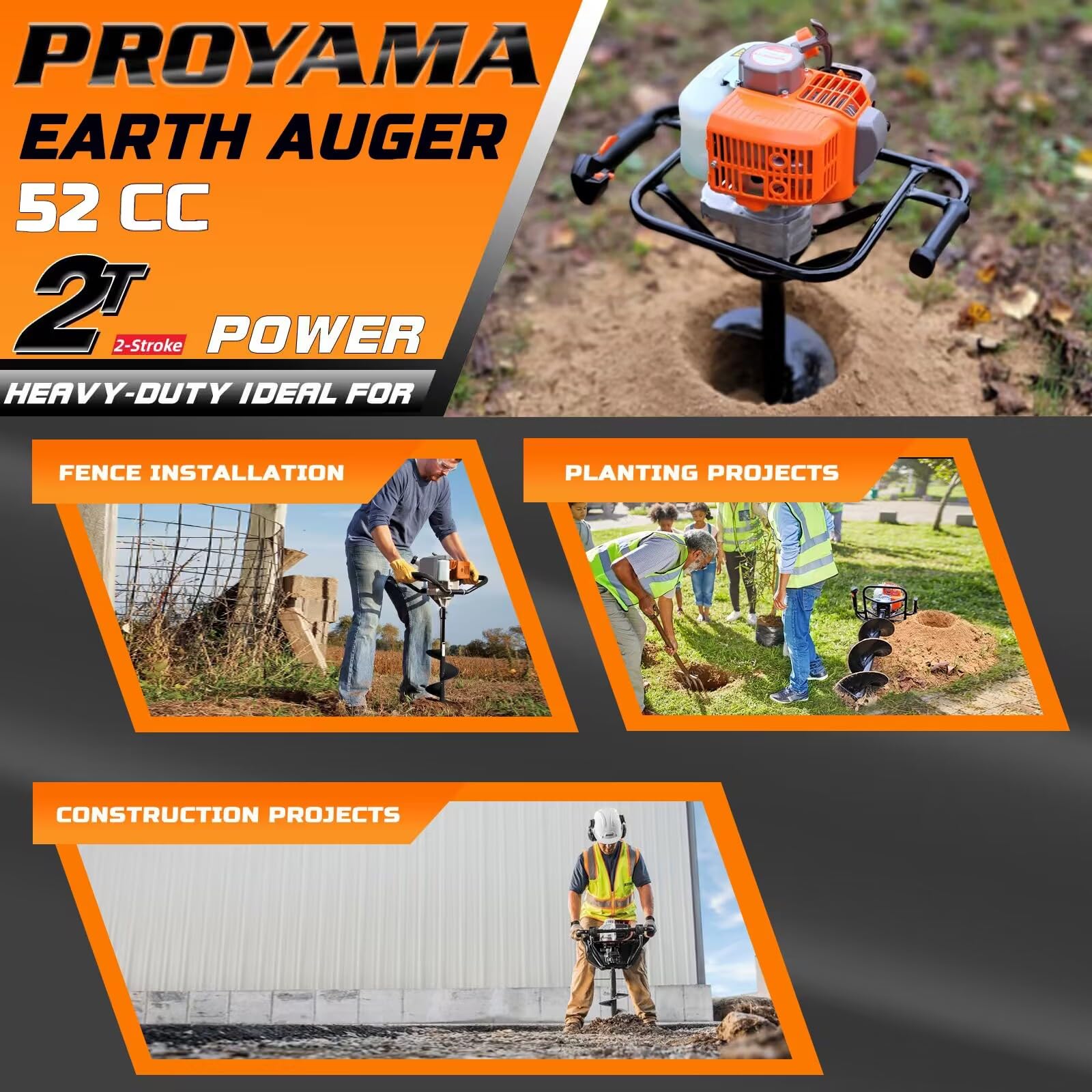 Snapklik.com : PROYAMA 54cc Post Hole Digger Gas Powered 2 Cycle Earth ...