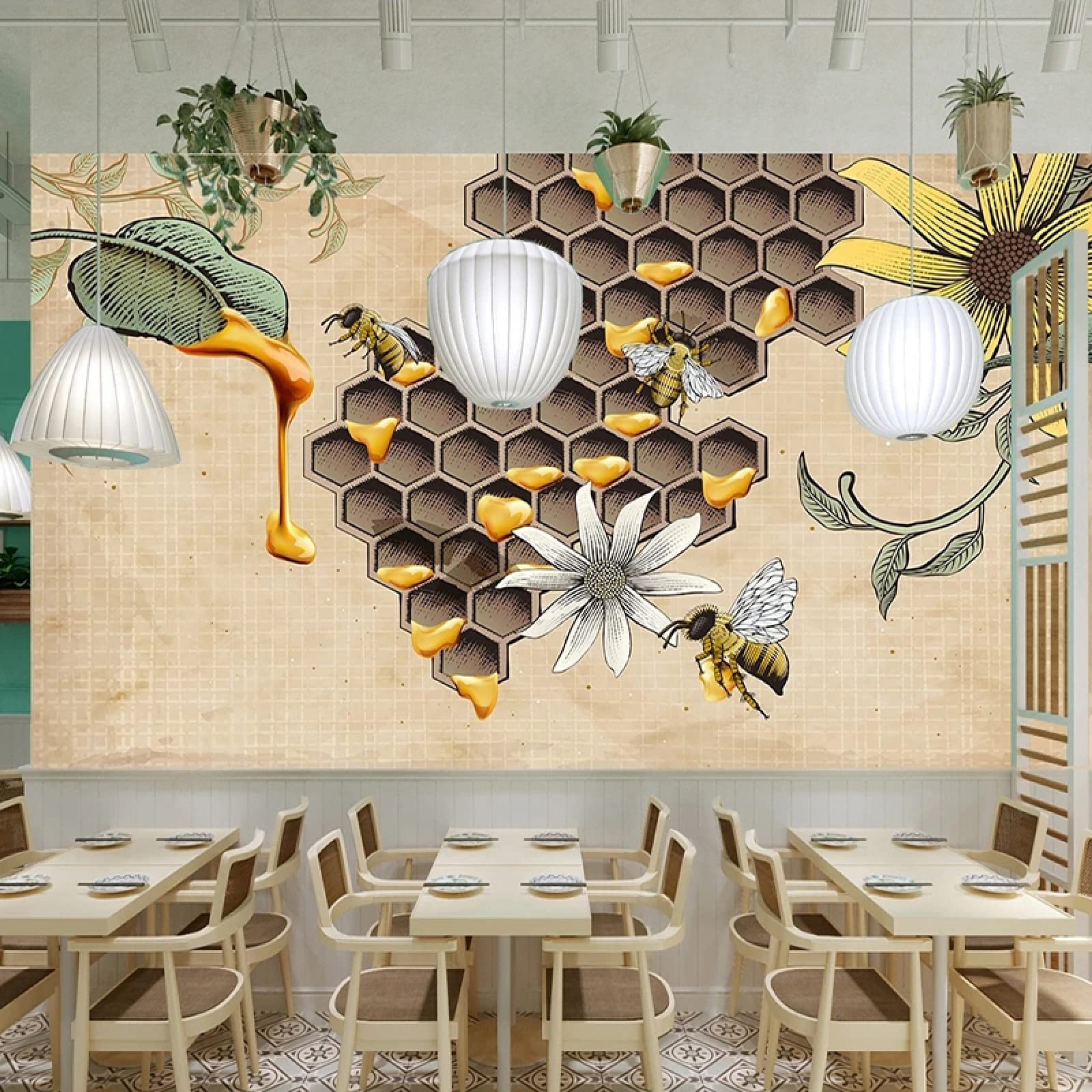 Amazon.com: Bee Collecting Honey Flower 3D Mural Wallpaper, Honeycomb ...