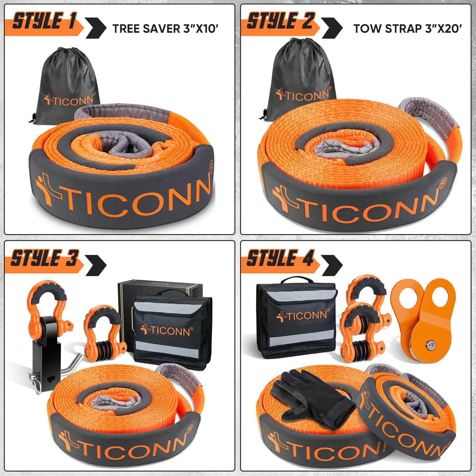 TICONN 3''x20' Recovery Tow Strap, Break Strength 35,000 lbs Tested ...