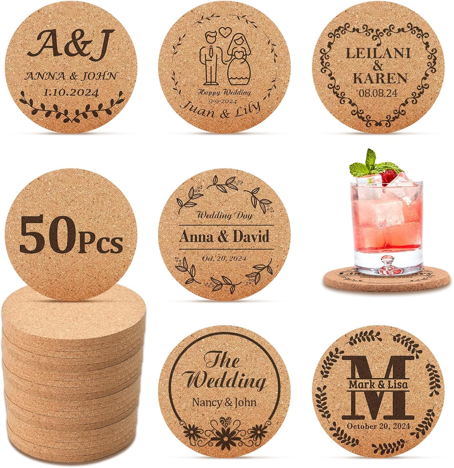 Amazon.com: 50Pcs Personalized Cork Coasters Bulk Wedding Favors for ...
