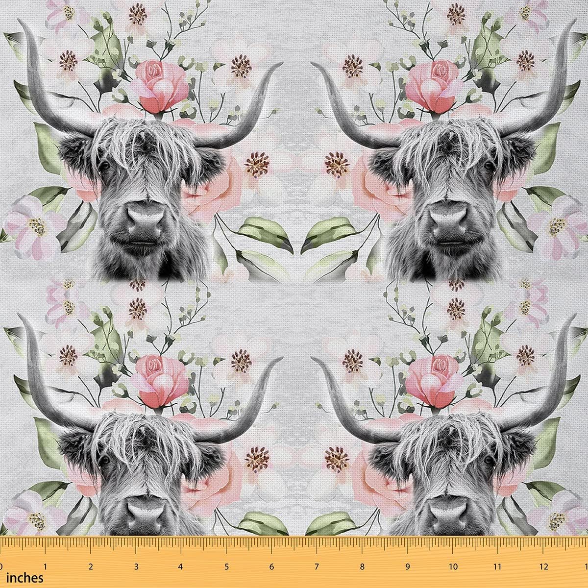 Amazon.com: Erosebridal Highland Cow Fabric by The Yard, Pink Flower ...