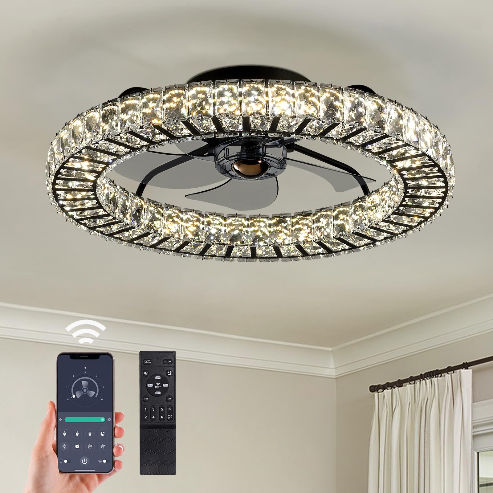 Amazon.com: MOOONICHE Crystal Ceiling Fan with Light and Remote, 22 ...