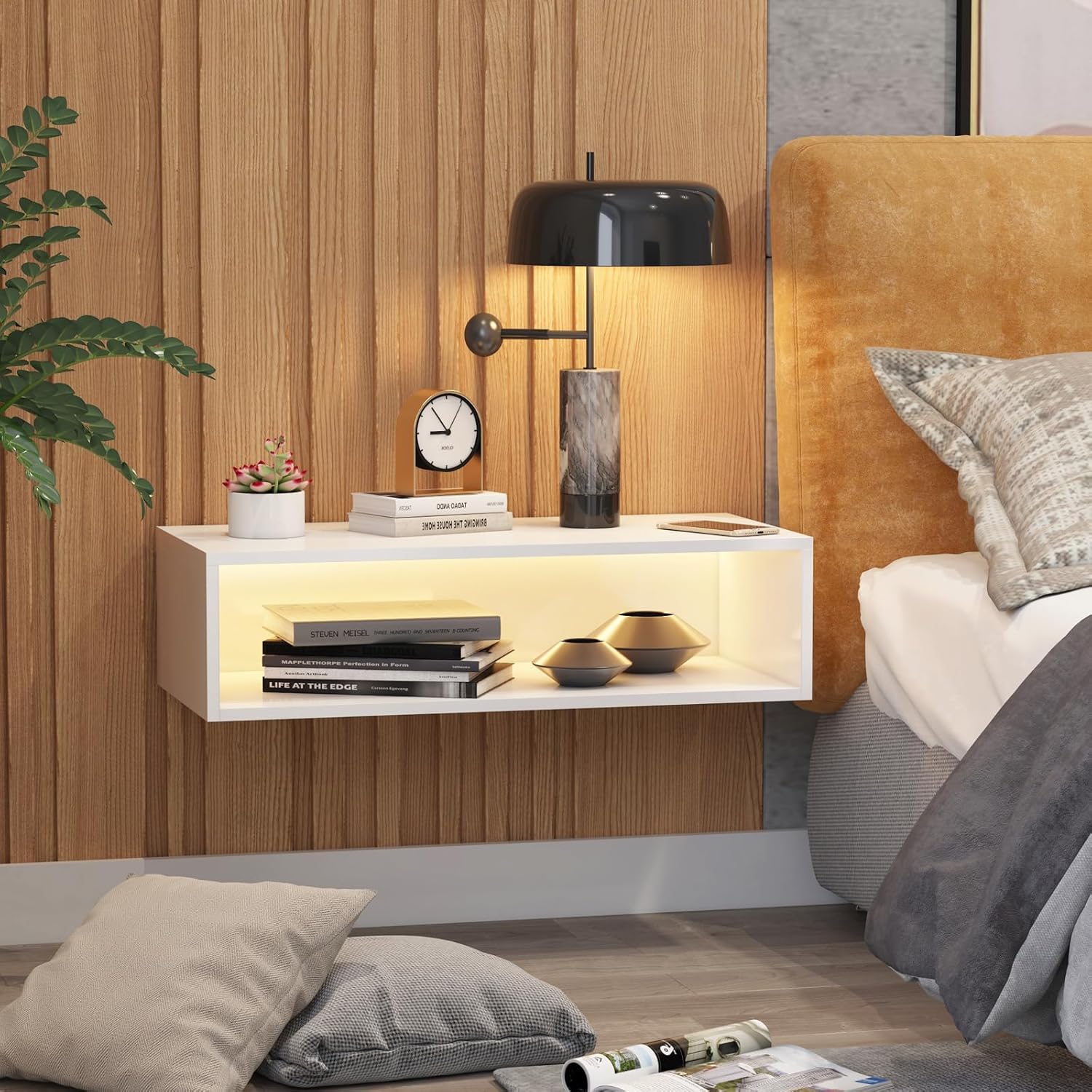 Amazon.com: HedoAjim White Floating Nightstand Smart Bedside Table LED ...