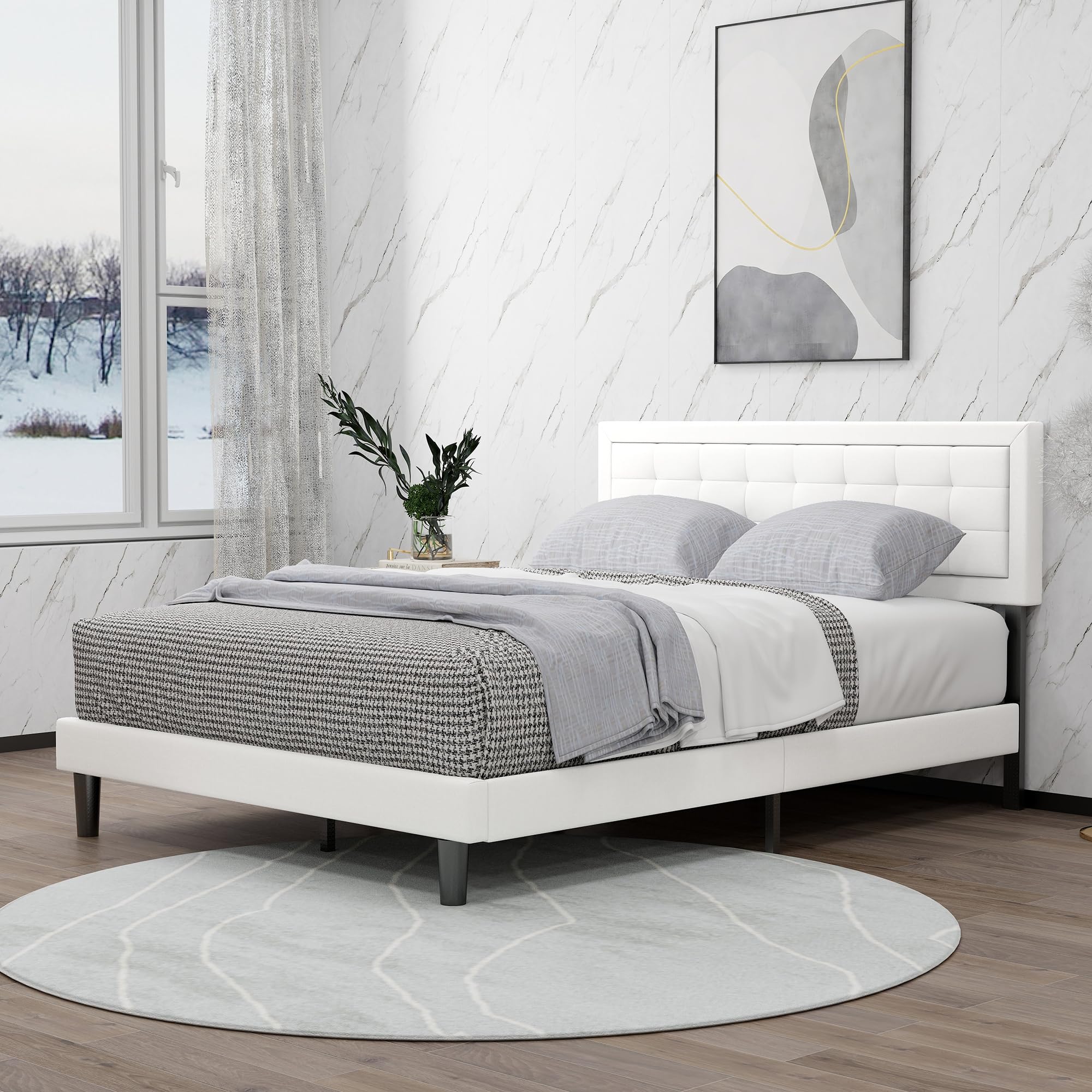 Amazon.com: Tuconia Queen Size Bed Frame Linen Upholstered Platform ...
