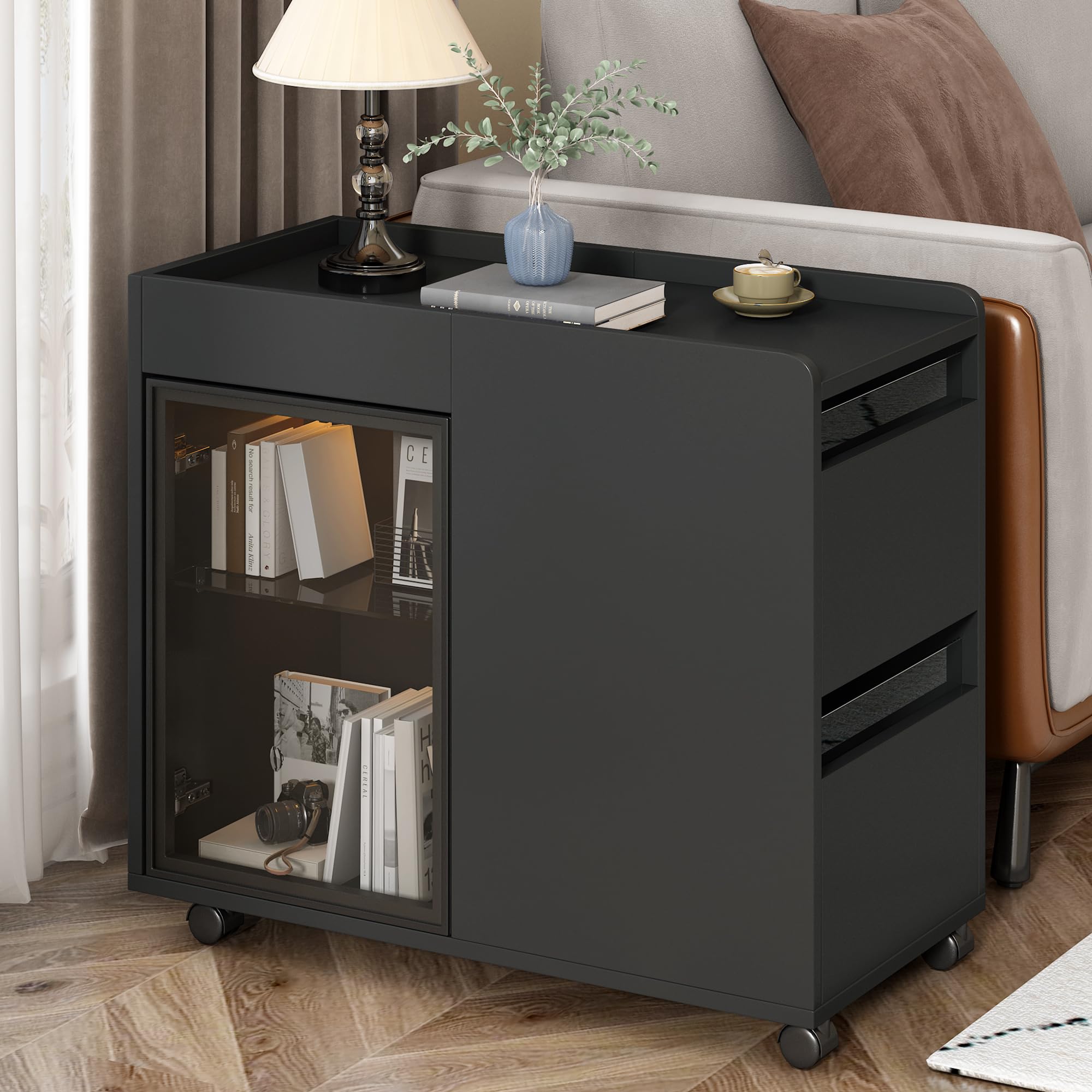 Amazon.com: Modern End Table with LED Light and Wheels, Side Table with ...