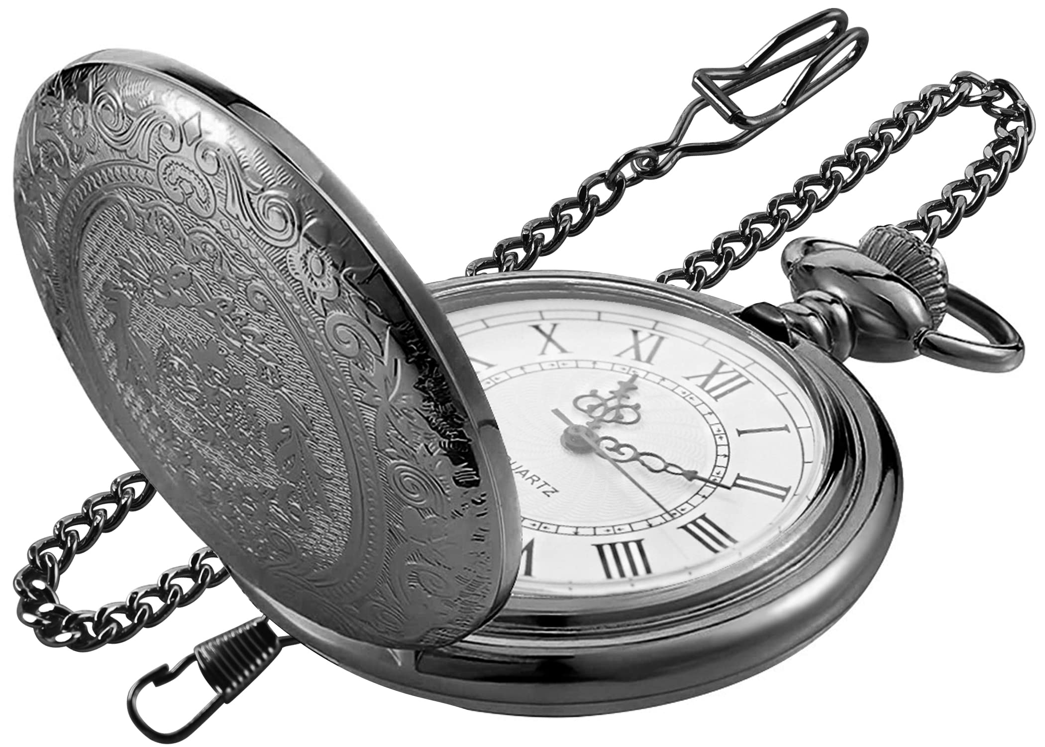 Amazon.com: Realpoo Black Large Decorative Flower Pattern Pocket Watch ...