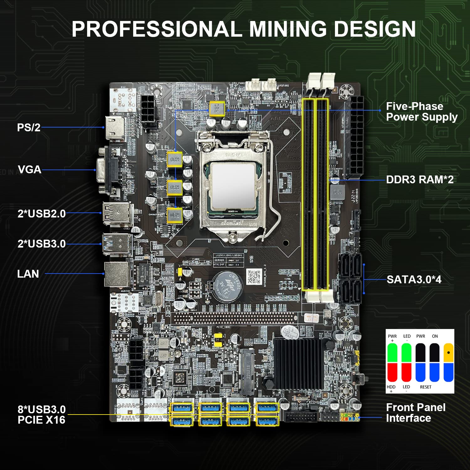 B75 8 Card BTC Mining Motherboard 8X USB3.0PCIE LGA1155 DDR3 RAM SATA3.0G620 CPU4PIN To 6PIN ...