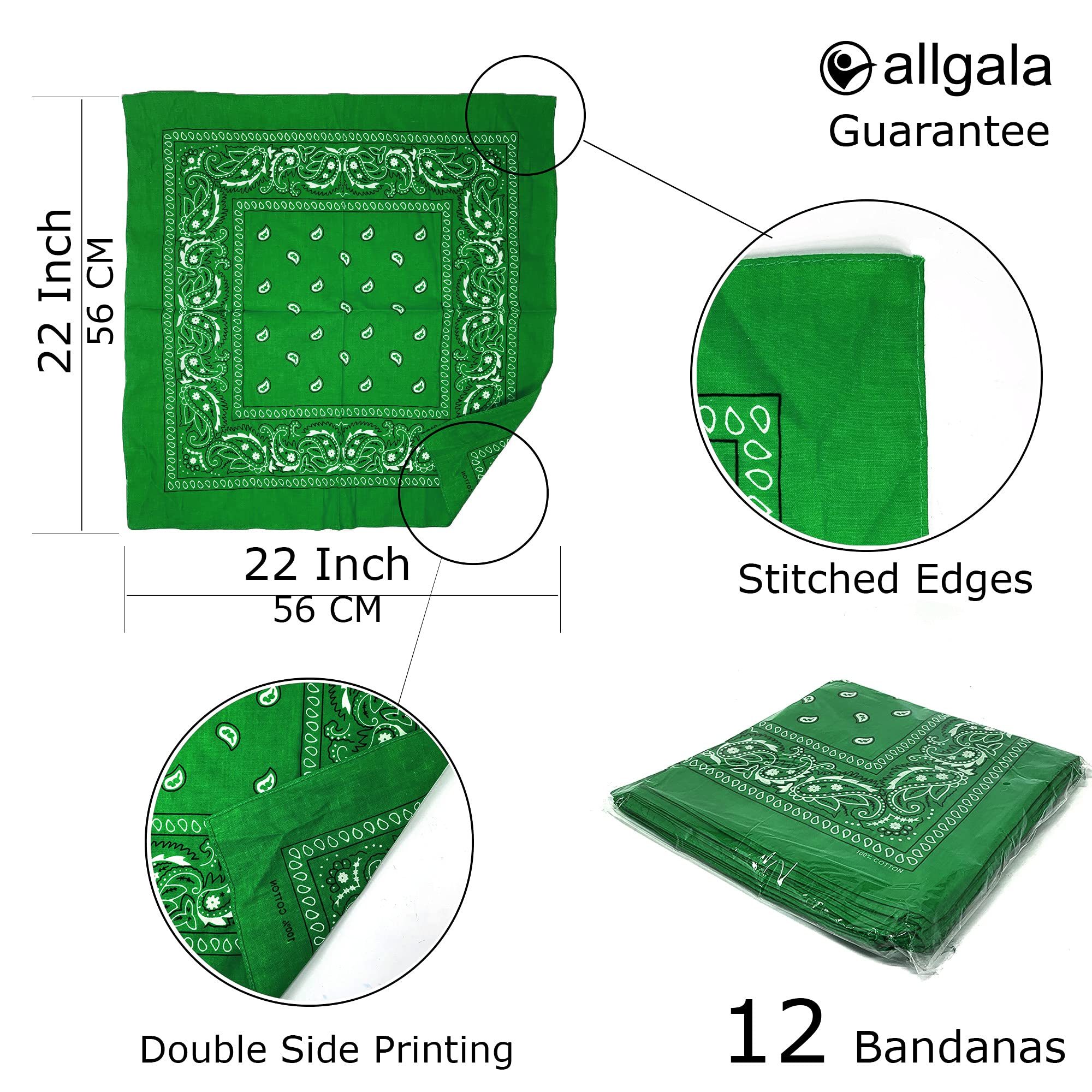 Snapklik.com : Allgala 12 Pack 100% Cotton Premium Bandanas Head Band ...