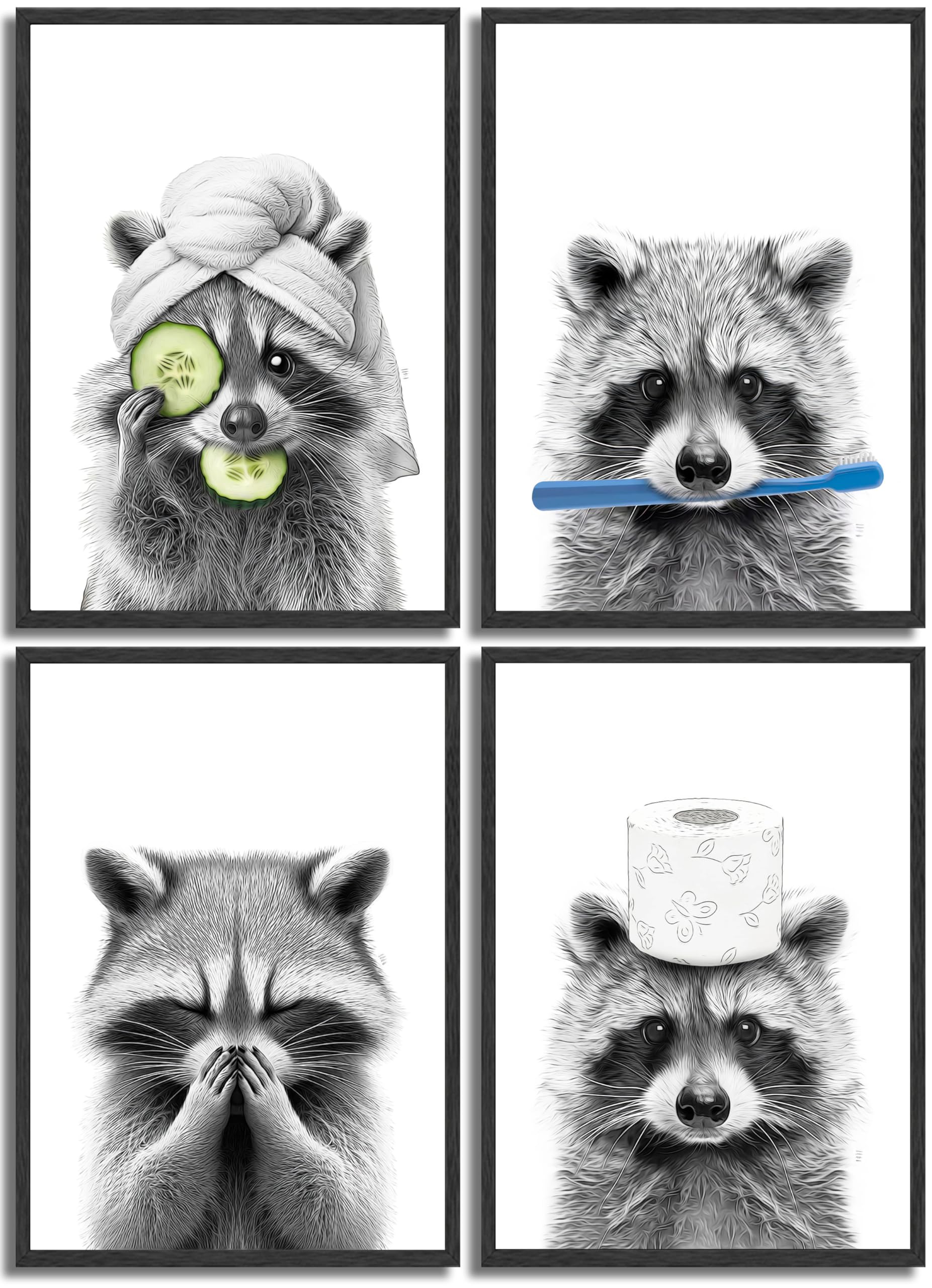 Amazon.com: Danseed 4pcs Adorable Raccoon Bathroom Wall Art Modern ...