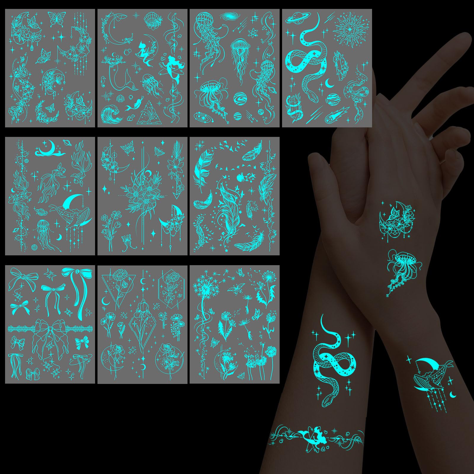 Amazon.com : Konsait 10 Sheets Glow in the Dark Tattoos Blue Temporary ...