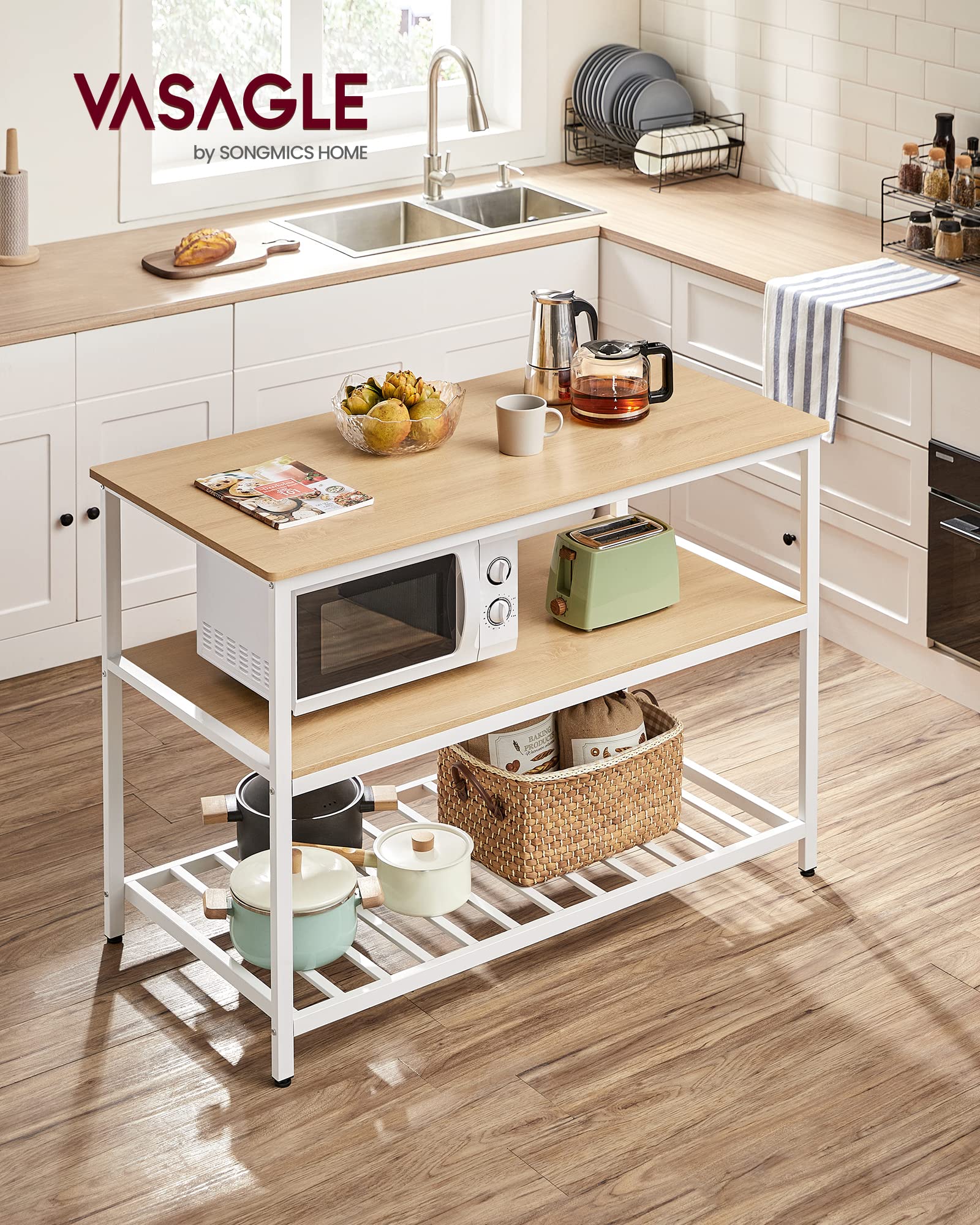 VASAGLE Kitchen Island with 3 Shelves, 47.2 Inches Kitchen Shelf with ...